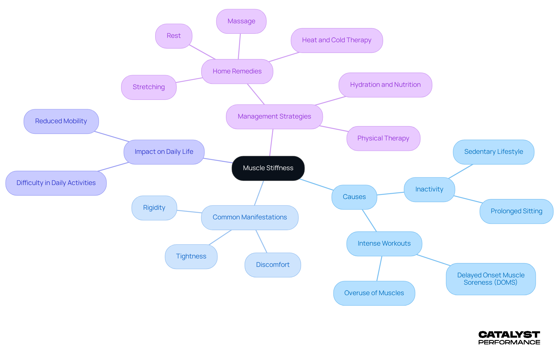 The central node represents the main topic of muscle stiffness. Each branch explores different aspects, such as causes and symptoms, helping you see how they connect and affect your life.