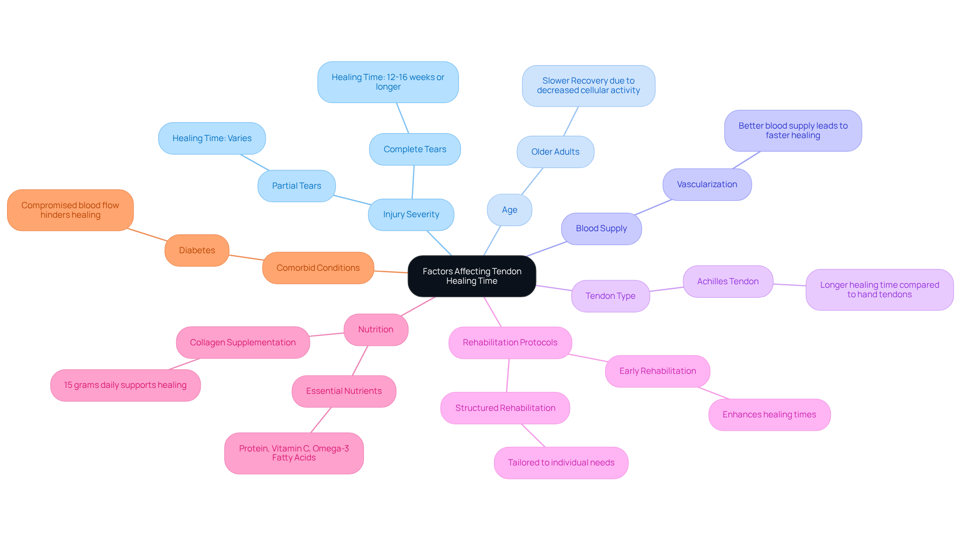 This mindmap shows the various factors that can affect how long it takes for a torn tendon to heal. Each branch represents a different factor, and you can explore how they connect to the overall healing process. The more you understand these factors, the better you can work with your healthcare team to create a personalized recovery plan.