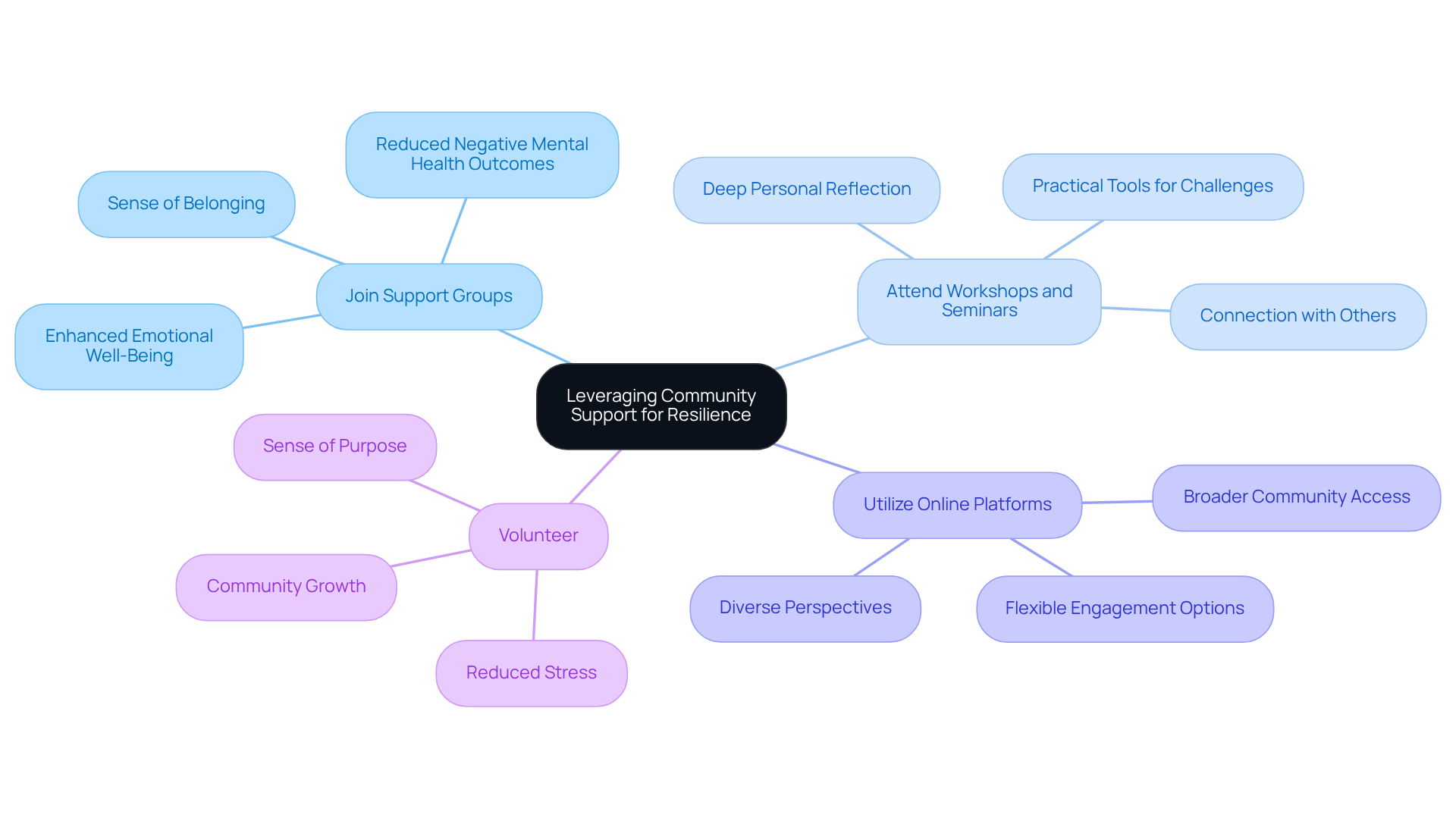 The center represents the main theme of community support, while each branch highlights a strategy that contributes to resilience. The sub-branches provide additional insights or benefits related to each strategy. The center represents the main theme of community support, while each branch highlights a strategy that contributes to resilience. The sub-branches provide additional insights or benefits related to each strategy.