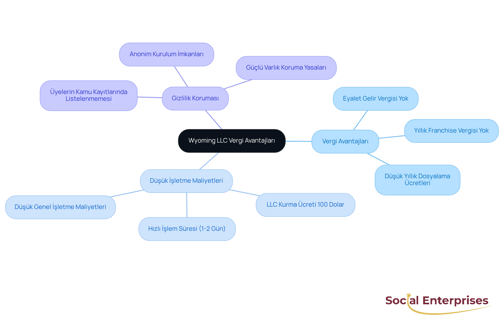 Bu mindmap, Wyoming LLC'lerinin sunduğu avantajları ve diğer eyaletlerle karşılaştırmalarını gösteriyor. Merkezdeki konuya bağlı olarak, her dal, belirli bir avantajı veya özelliği temsil ediyor. Renkler ve simgeler, bilgiyi daha görsel hale getiriyor. Bu mindmap, Wyoming LLC'lerinin sunduğu avantajları ve diğer eyaletlerle karşılaştırmalarını gösteriyor. Merkezdeki konuya bağlı olarak, her dal, belirli bir avantajı veya özelliği temsil ediyor. Renkler ve simgeler, bilgiyi daha görsel hale getiriyor.