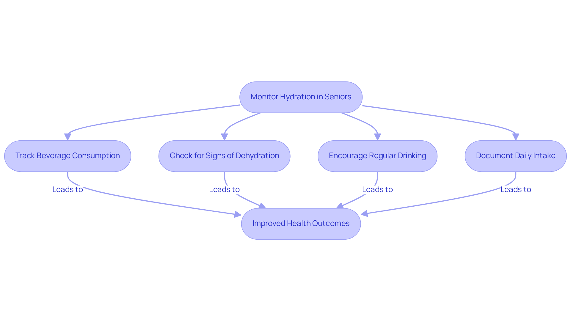 Each box in the flowchart represents a specific action caregivers can take to keep seniors hydrated — follow the arrows to see how these actions lead to better health outcomes.