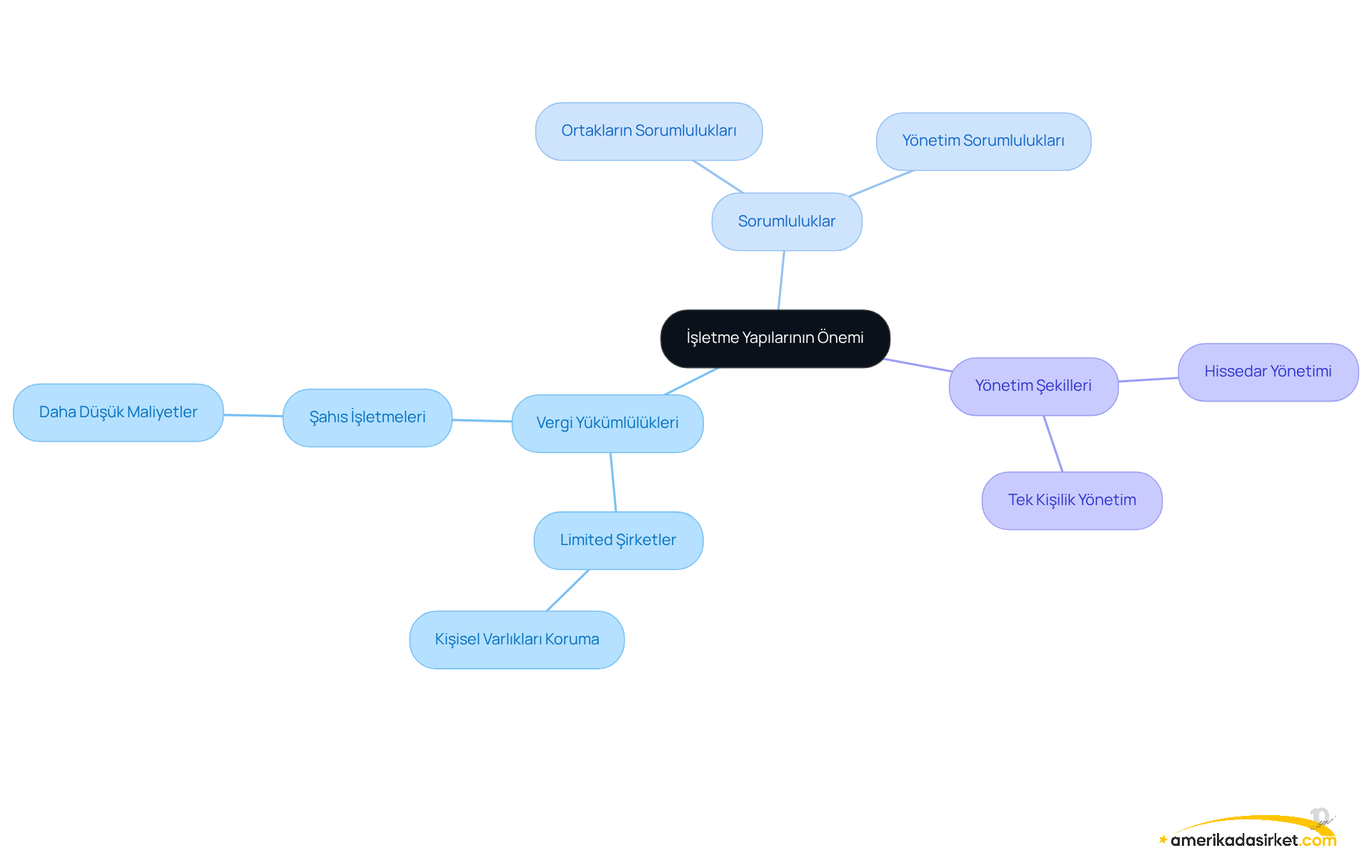 Merkezdeki konu, işletme yapılarının önemini temsil ediyor. Dallar, bu yapılarla ilgili ana faktörleri ve her birinin avantajlarını gösteriyor. Her dalın altında daha fazla bilgi bulabilirsiniz.