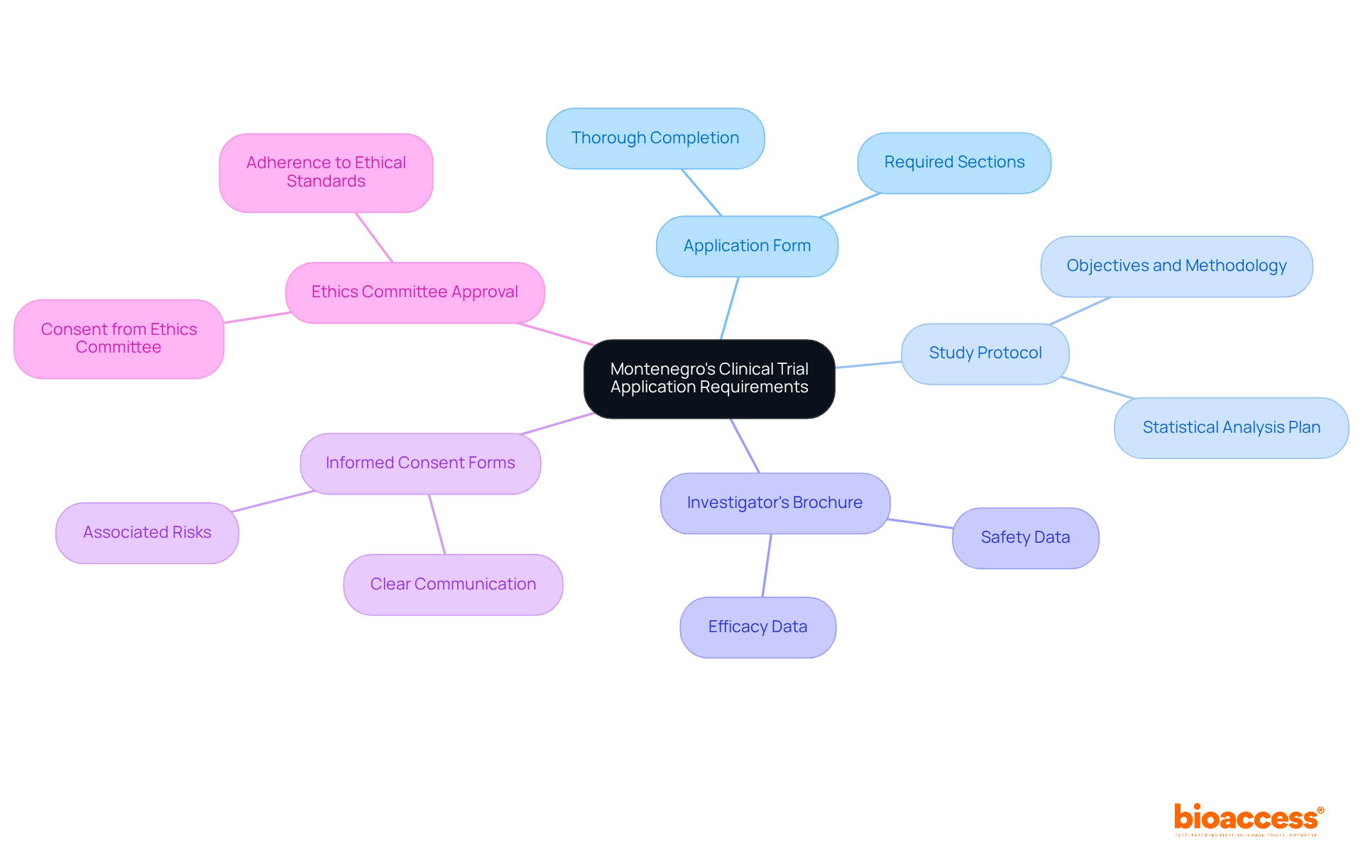 The central node represents the main topic, while the branches show the essential components needed for a successful application. Each color-coded branch helps you quickly identify different requirements.