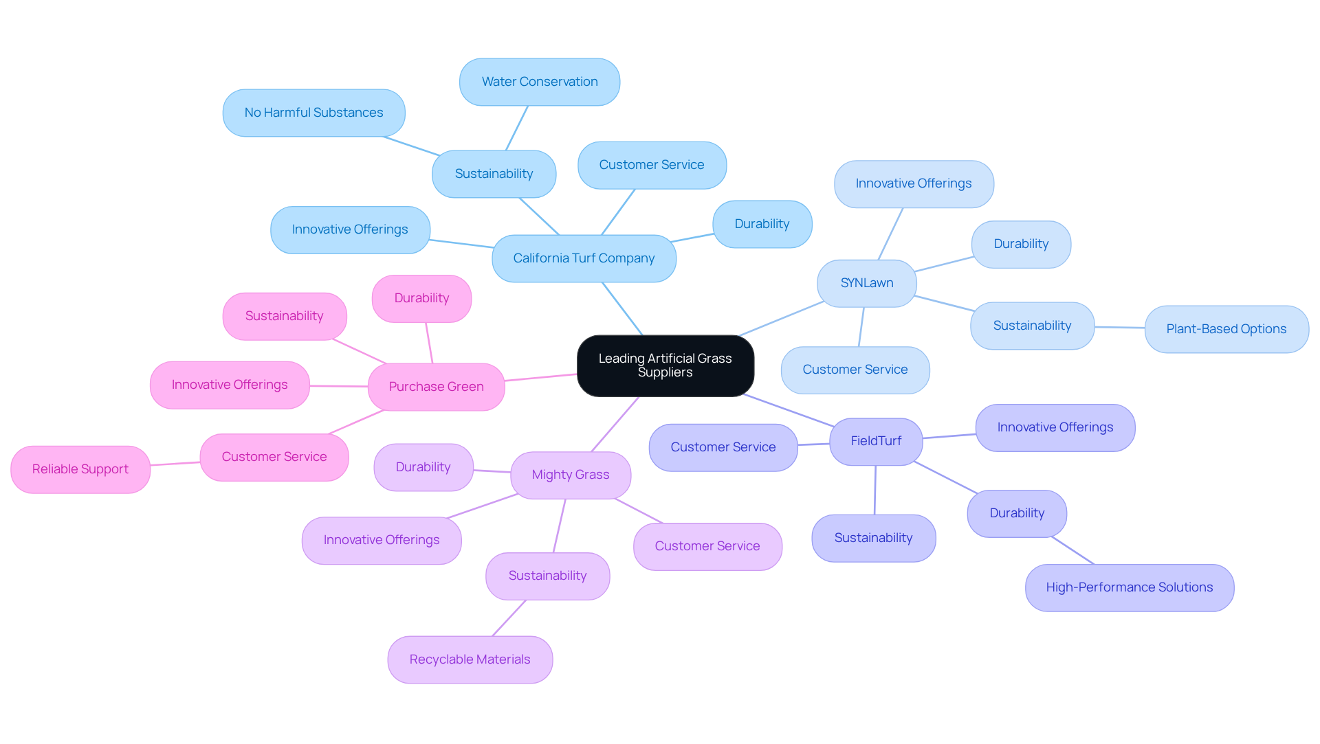 The central node represents the main topic, while each branch shows a different supplier. Sub-branches detail what makes each supplier unique, such as their focus on sustainability or customer service.