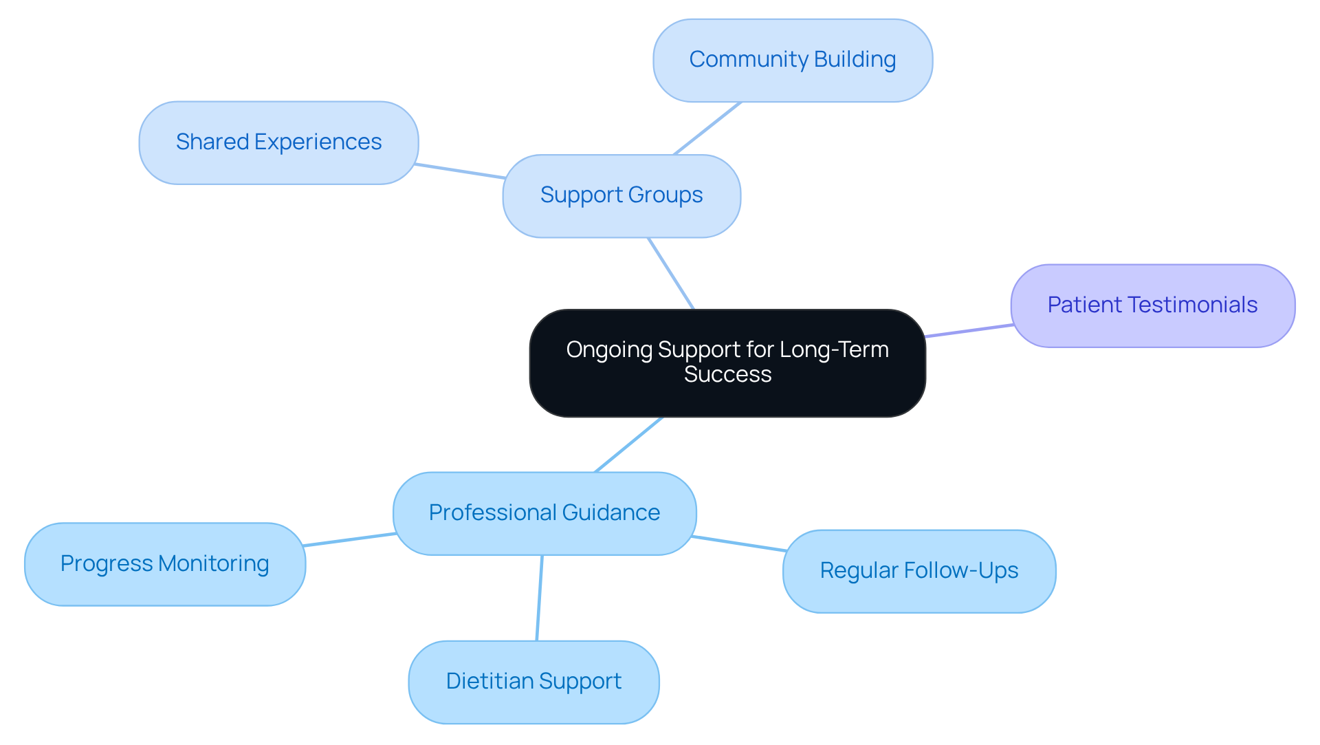 The central node represents the main theme of support. Each branch shows different aspects of the support system, illustrating how they contribute to achieving long-term weight loss goals.