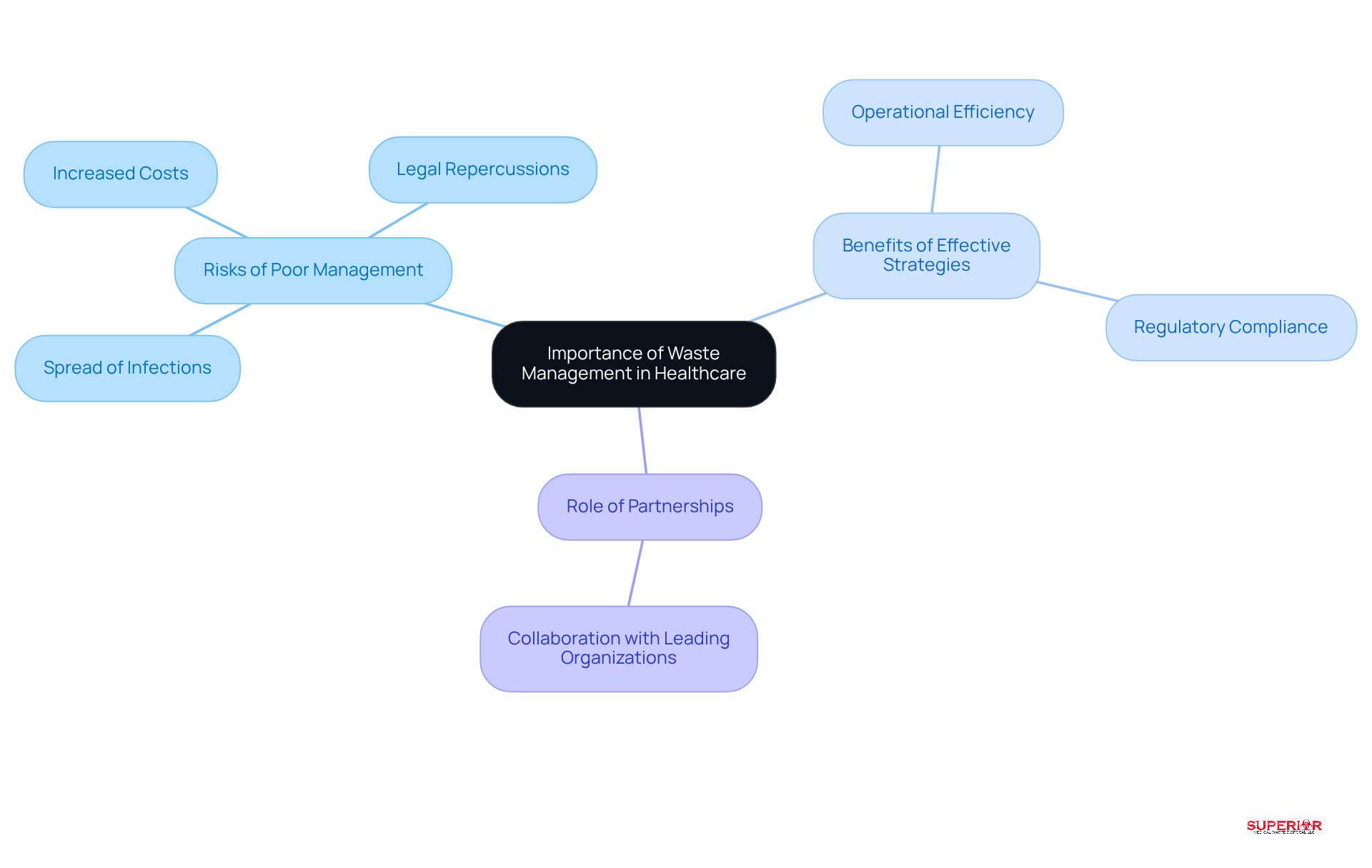 The central node represents the main topic, while the branches show related themes and their specific points. This layout helps you understand how each aspect connects to the overall importance of waste management.