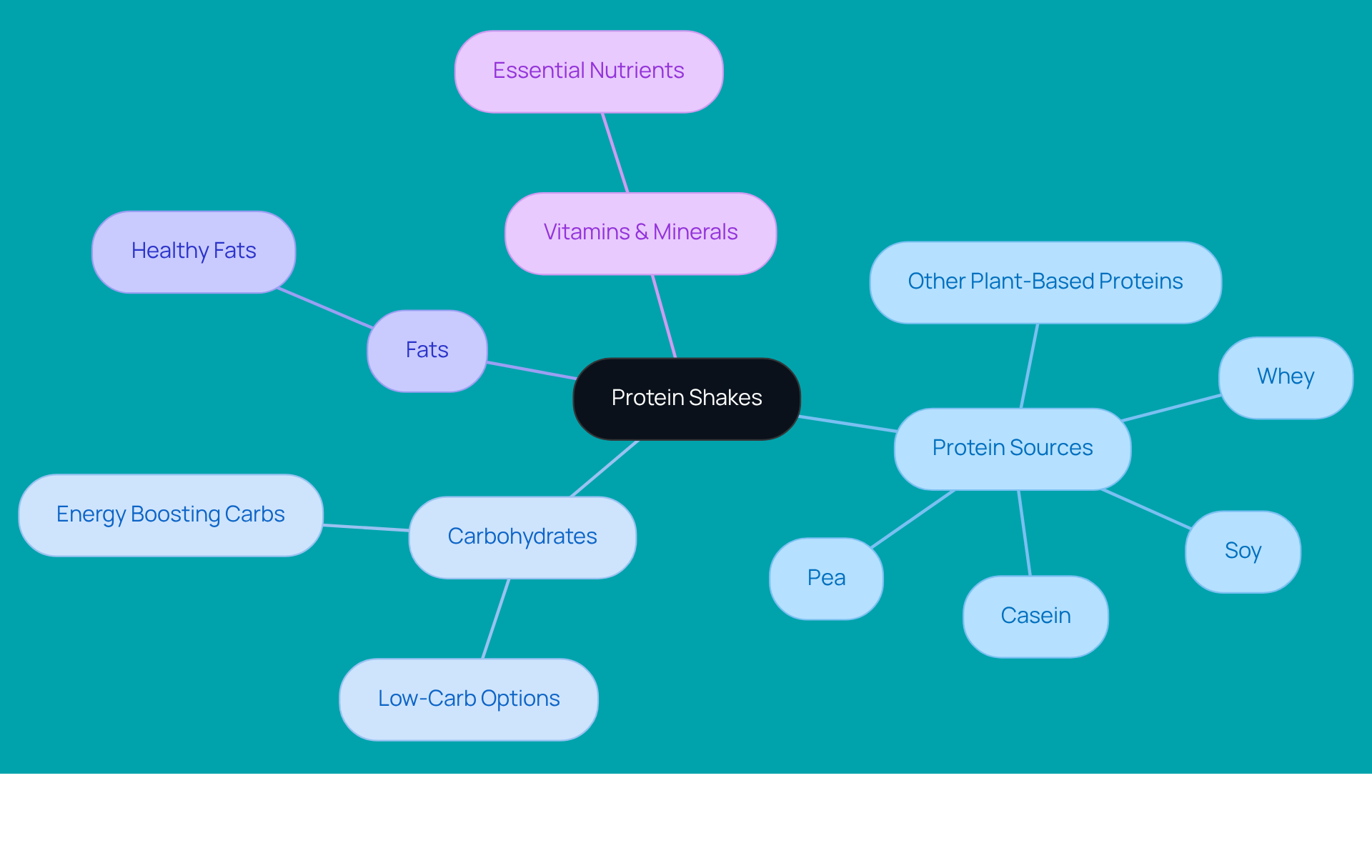 The center represents protein shakes, and the branches show the different components that make them nutritious. Each category highlights specific elements that contribute to your health and wellness.