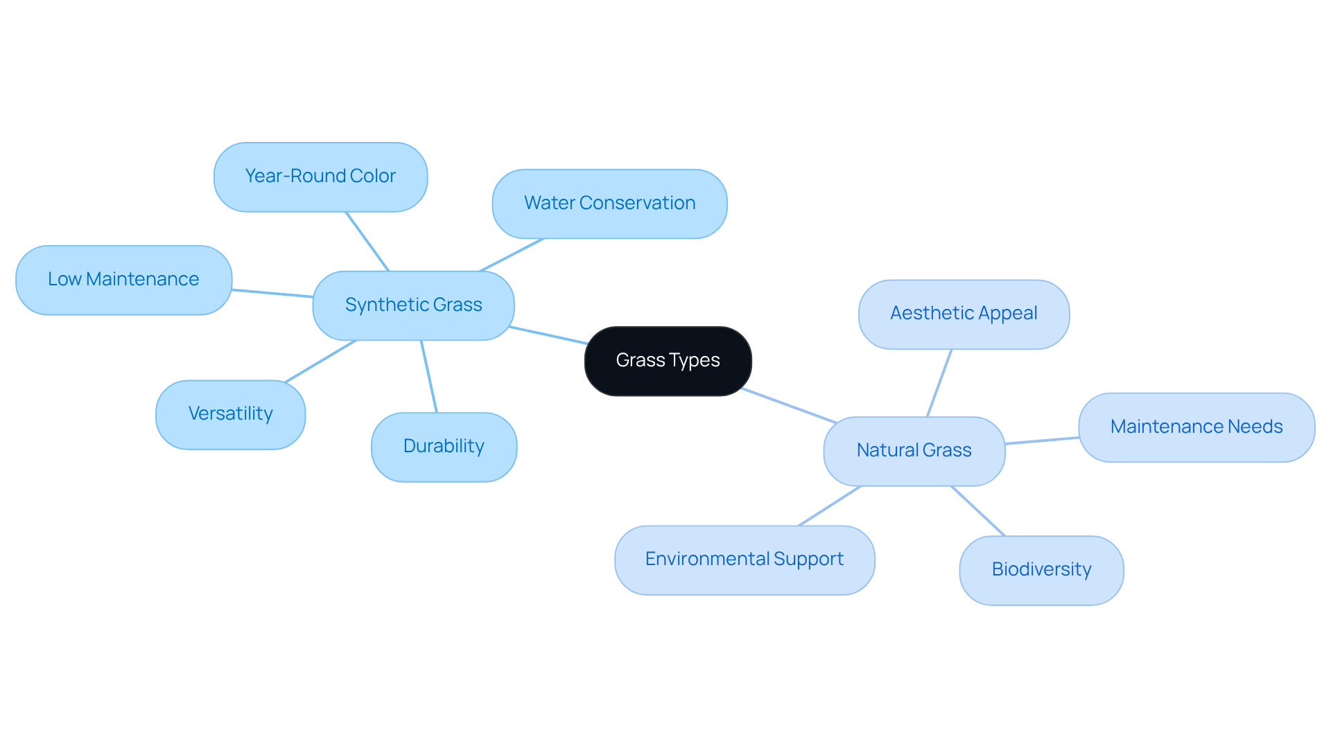 The central node represents the main topic, while the branches show the two types of grass. Each sub-branch highlights specific features and benefits, helping you understand the pros and cons of each option. The central node represents the main topic, while the branches show the two types of grass. Each sub-branch highlights specific features and benefits, helping you understand the pros and cons of each option.