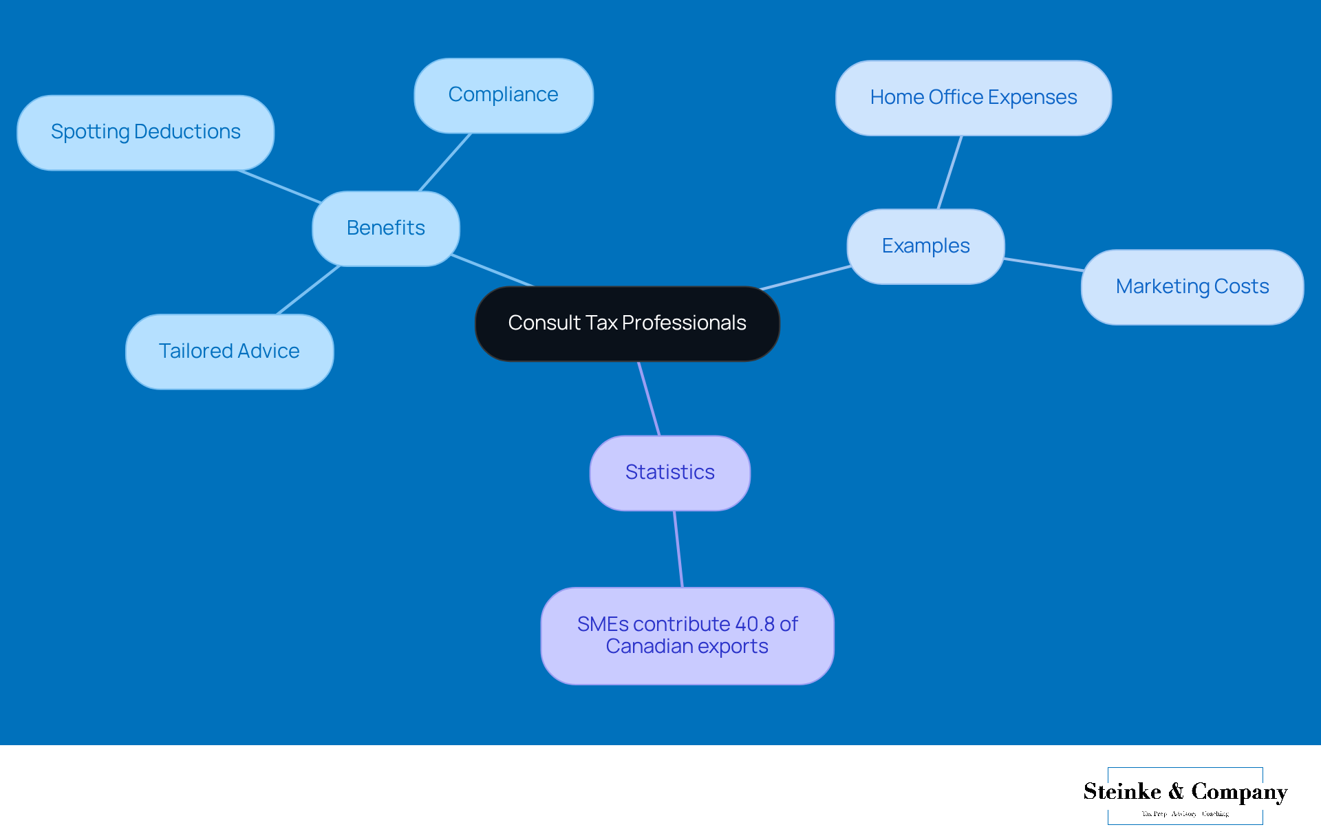 The central idea is about seeking expert tax advice. Each branch shows different aspects: benefits you gain, examples of deductions, and important statistics that underline the value of effective tax management. The central idea is about seeking expert tax advice. Each branch shows different aspects: benefits you gain, examples of deductions, and important statistics that underline the value of effective tax management.