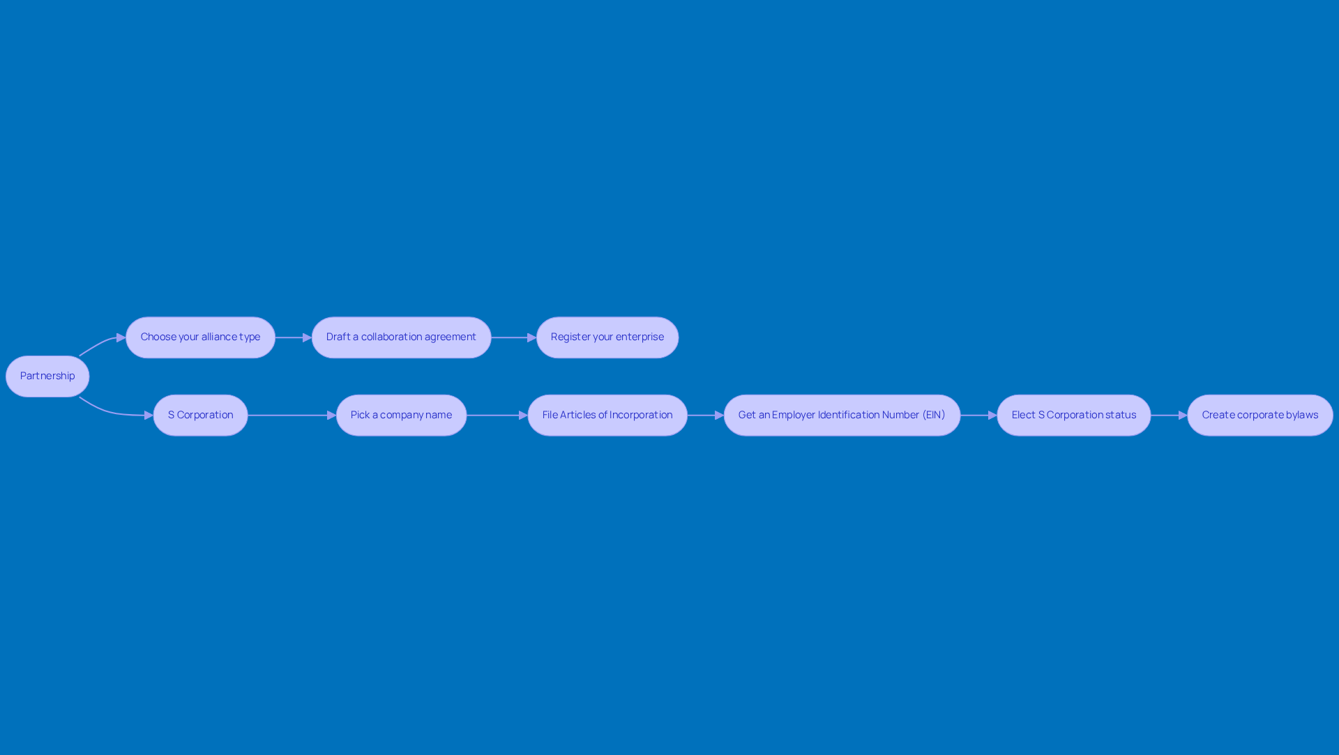 Follow the arrows to see the steps for forming a Partnership on one side and an S Corporation on the other. Each step is crucial for successfully establishing your business.