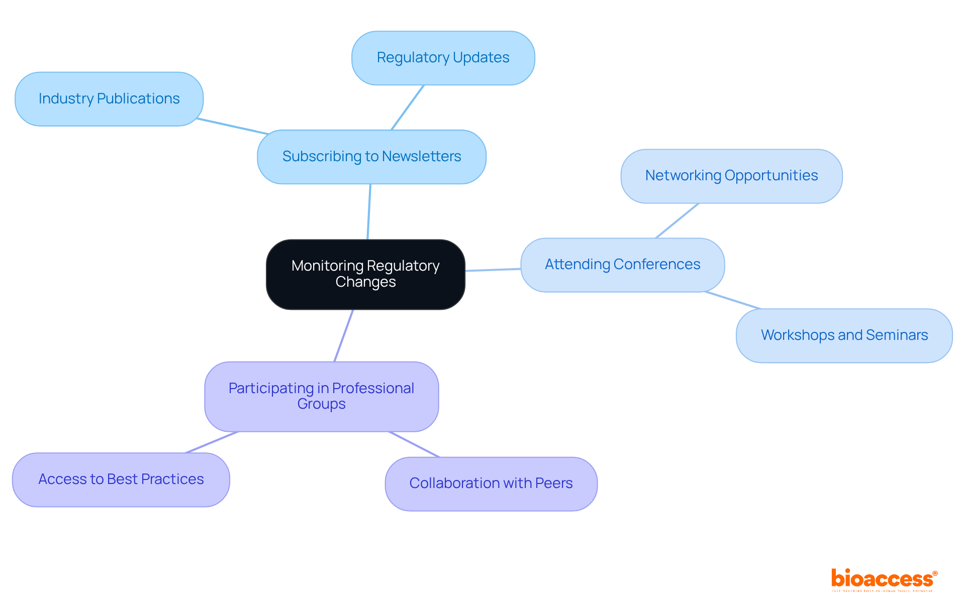 Start in the center with the main concept. Each branch represents a method for staying informed, and the sub-branches provide more details. This layout helps you see how each method contributes to effective compliance.