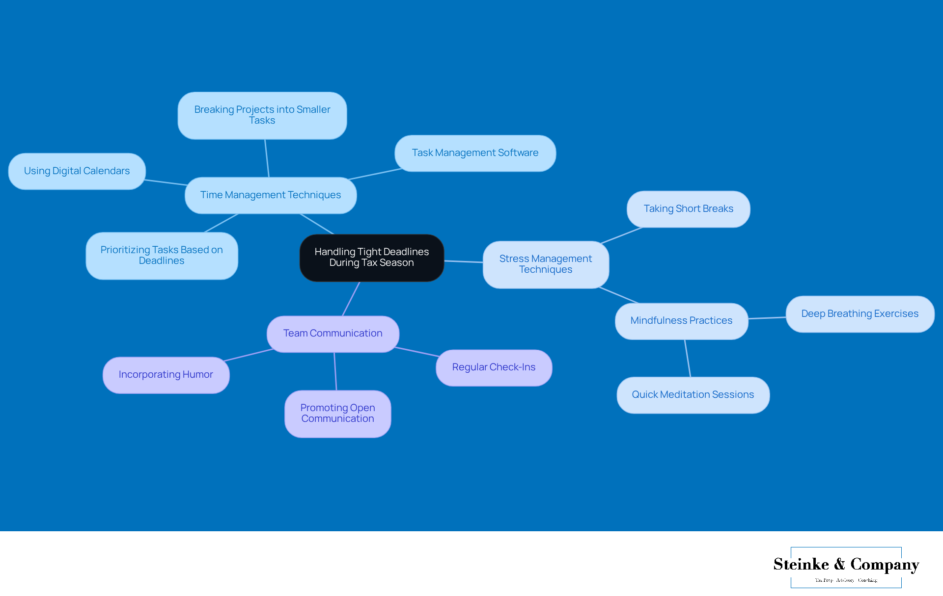The central idea is at the heart of the mindmap. Branches represent different strategies for managing time and stress, making it easy to see how they connect and support each other during tax season.