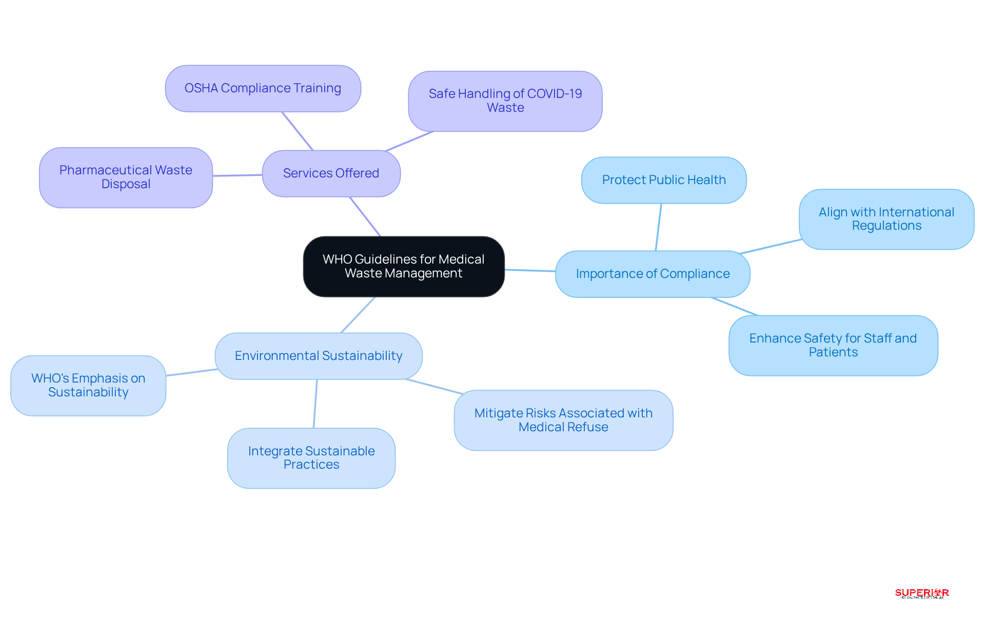 The center represents the WHO guidelines, with branches showing why compliance is important and what services can help healthcare facilities manage waste effectively.