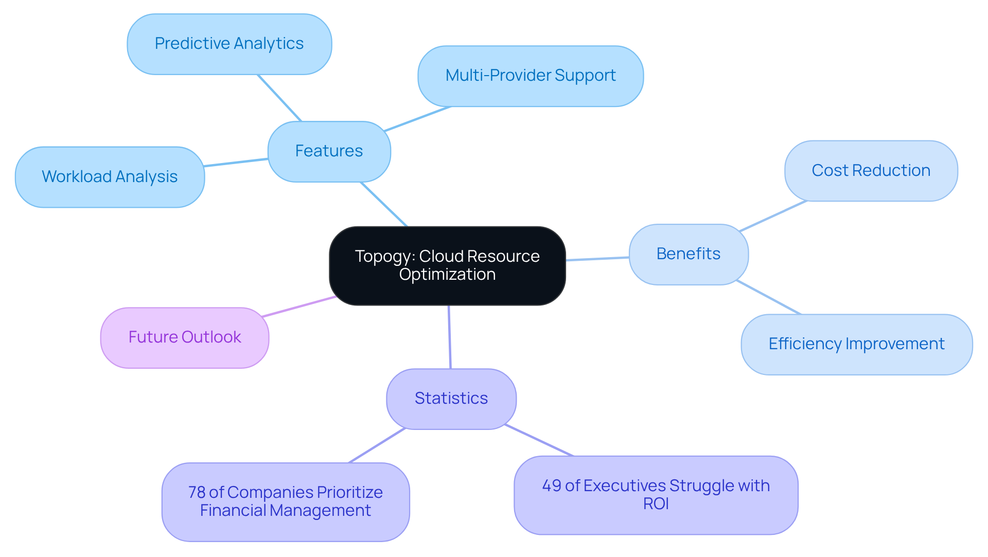 The central node represents Topogy's offerings, while the branches show its features, benefits, and relevant statistics. Each color-coded branch helps you quickly identify different aspects of the optimization tools. The central node represents Topogy's offerings, while the branches show its features, benefits, and relevant statistics. Each color-coded branch helps you quickly identify different aspects of the optimization tools.