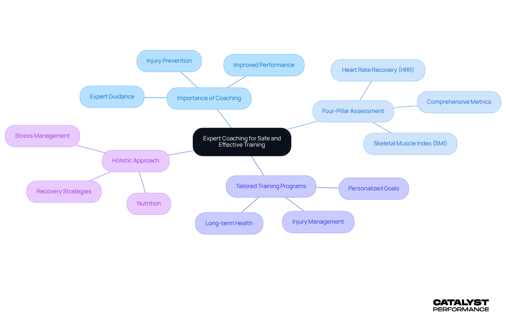 The center represents the core idea of expert coaching, with branches showing its importance, assessment methods, tailored programs, and a holistic approach. Each branch helps you understand how these elements contribute to effective training.