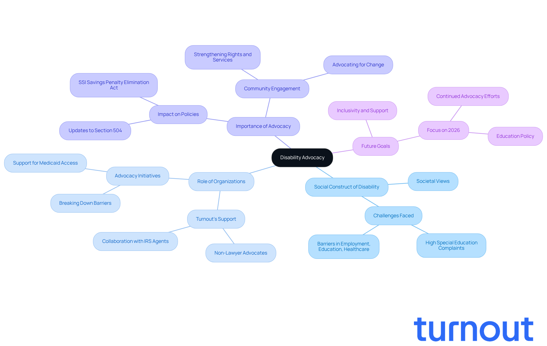 The center represents the main theme of disability advocacy. Each branch shows a related topic, and the sub-branches provide more details. This layout helps visualize how different aspects of advocacy connect and contribute to a more inclusive society.