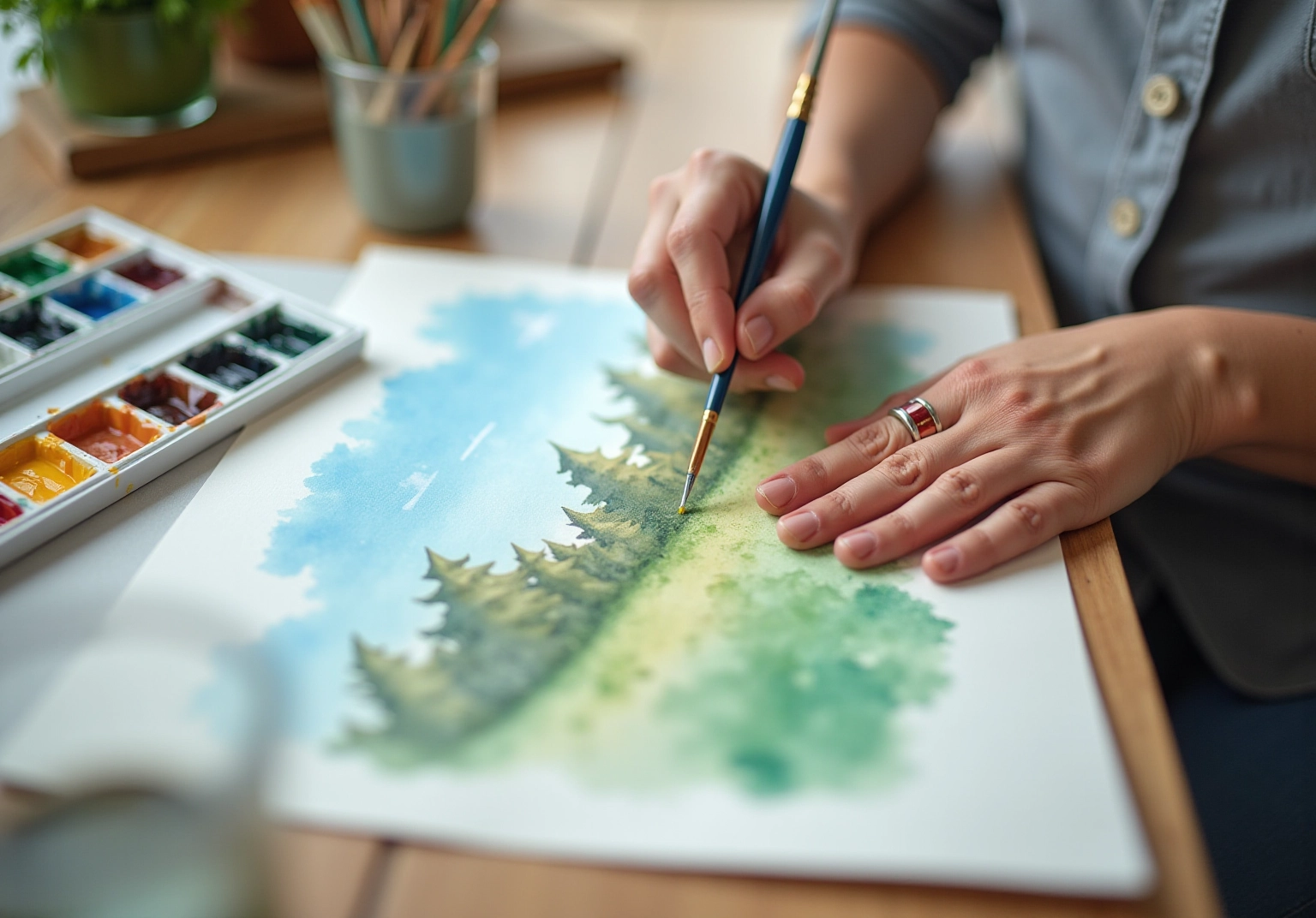 Beginner Artist Engaged in Watercolor Landscape Painting