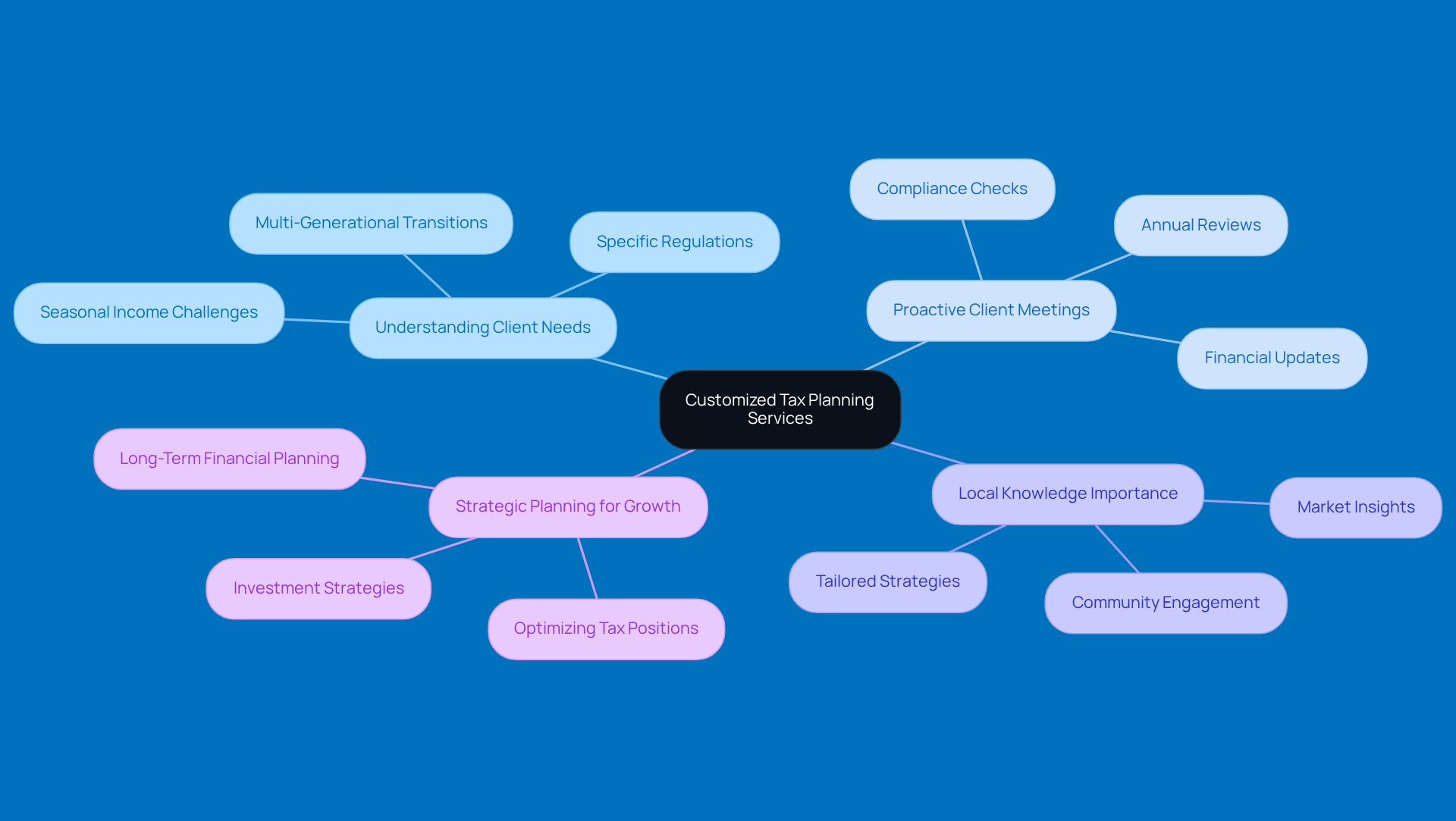 The center represents the main service offered, while the branches show the different aspects that contribute to effective tax planning for rural businesses. Each sub-point provides more detail on how Steinke and Company supports its clients. The center represents the main service offered, while the branches show the different aspects that contribute to effective tax planning for rural businesses. Each sub-point provides more detail on how Steinke and Company supports its clients.