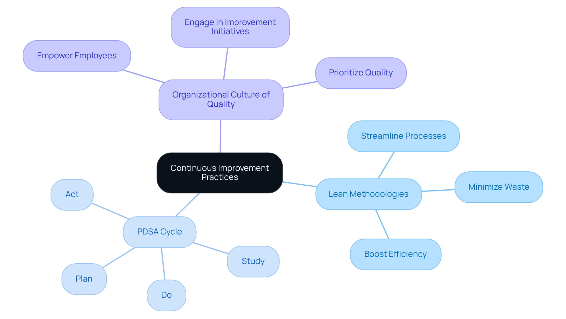 The central node represents the main theme of continuous improvement. Each branch shows a different method organizations can adopt, with further details on actions or benefits. This layout helps visualize how these practices interconnect and contribute to overall organizational success. The central node represents the main theme of continuous improvement. Each branch shows a different method organizations can adopt, with further details on actions or benefits. This layout helps visualize how these practices interconnect and contribute to overall organizational success.