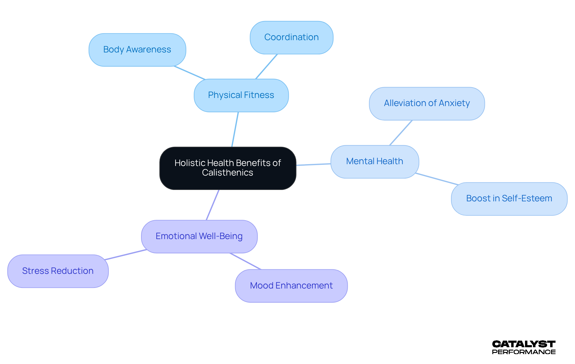 The central idea is the holistic health benefits of calisthenics. Each branch represents a key area of health, showing how they connect and contribute to overall wellness.