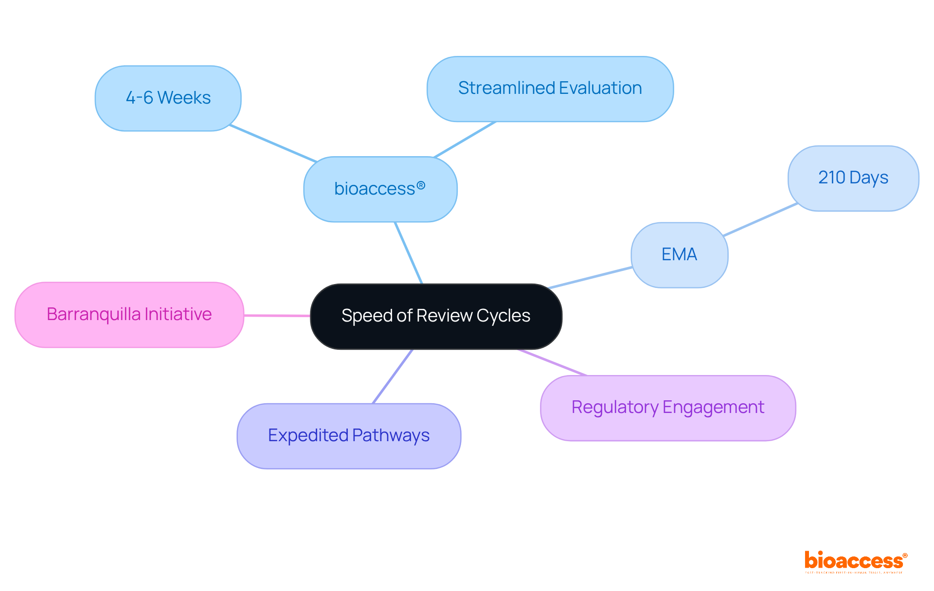 The central node represents the main topic, while the branches show different entities involved in clinical trial evaluations and their respective timelines. Each color-coded branch helps differentiate between bioaccess®, EMA, and BDA, making it easy to compare their review speeds.
