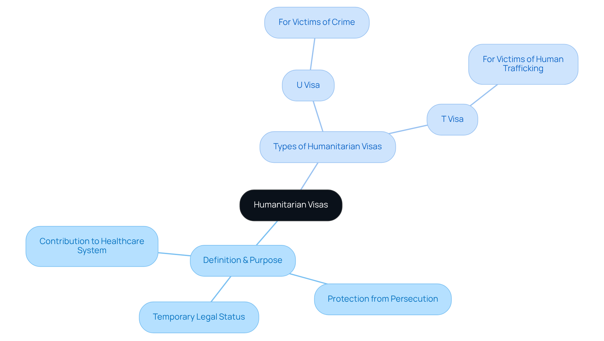 The center represents the concept of humanitarian visas, with branches leading to their purpose and specific types. Each branch provides more detail, helping you understand what humanitarian visas are and why they matter.