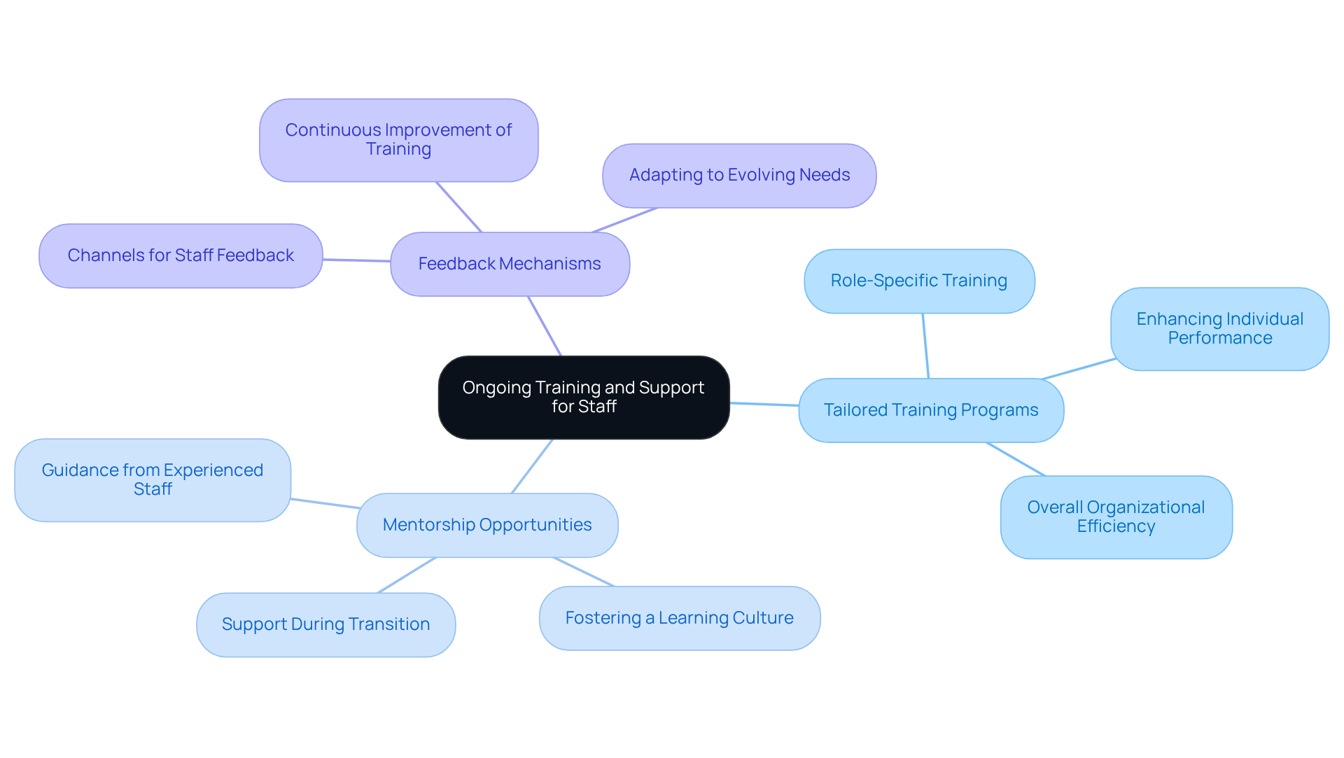 The center represents the main focus on training and support, while the branches show specific strategies that contribute to staff development. Each branch highlights how these strategies help improve staff competence and overall organizational efficiency. The center represents the main focus on training and support, while the branches show specific strategies that contribute to staff development. Each branch highlights how these strategies help improve staff competence and overall organizational efficiency.