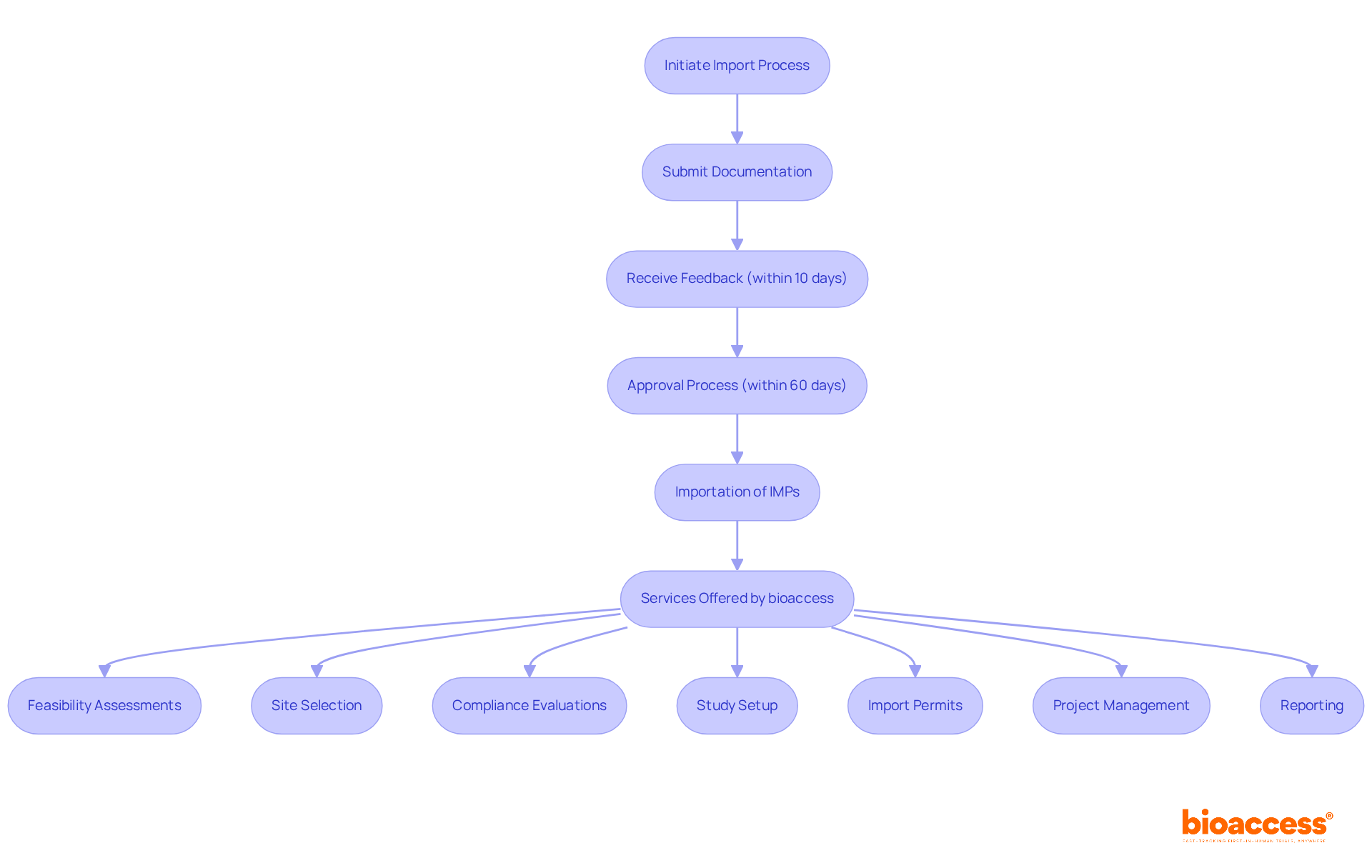 Each box represents a step in the importation process. Follow the arrows to see how the steps connect, and check the side box for additional services that help navigate the regulatory landscape.