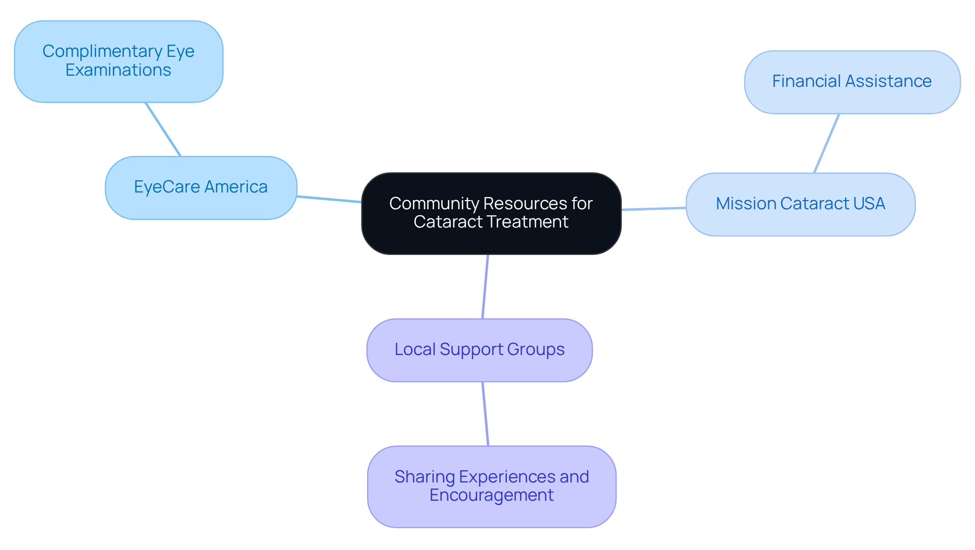 This mindmap shows the various resources available to help seniors with cataract treatment. Each branch represents a different organization or support group, and the sub-branches detail what they offer. Follow the branches to see how these resources can help you or someone you know.