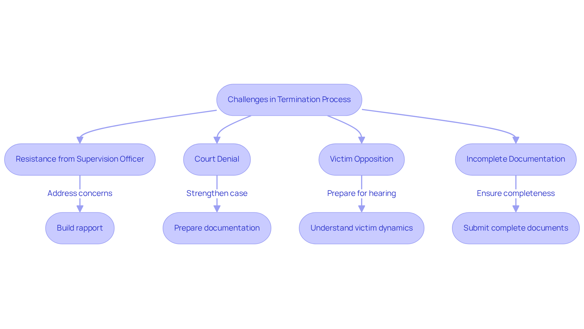 This flowchart outlines the key challenges faced during the probation termination process. Each box represents a specific hurdle, and the arrows show how they connect to the overall goal of successful termination. Use this guide to understand what obstacles to expect and how to prepare for them.