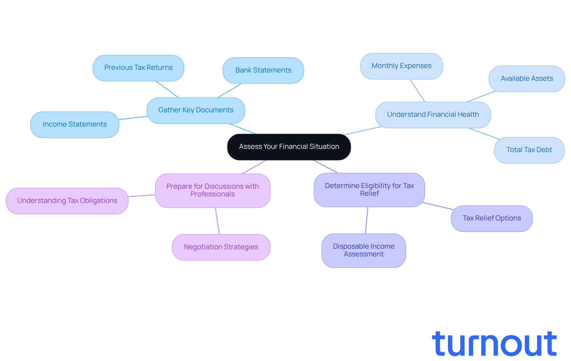This mindmap starts with the main idea of assessing your financial situation and branches out into important steps and considerations. Each branch represents a key area to focus on, helping you visualize what you need to do before seeking tax help.