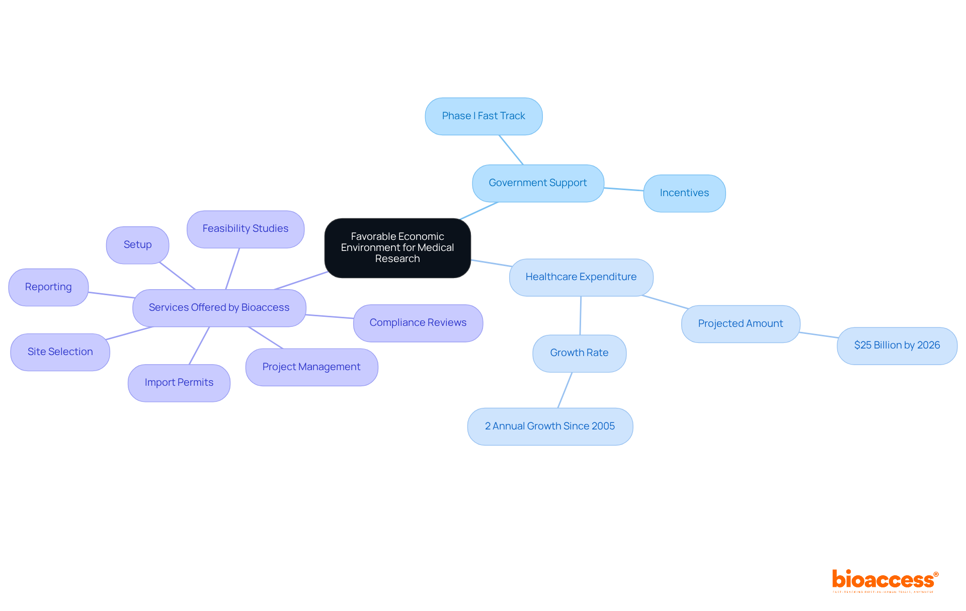 The central node represents the overall economic environment, while the branches show how government support, healthcare spending, and specific services contribute to making the country an attractive place for medical research.