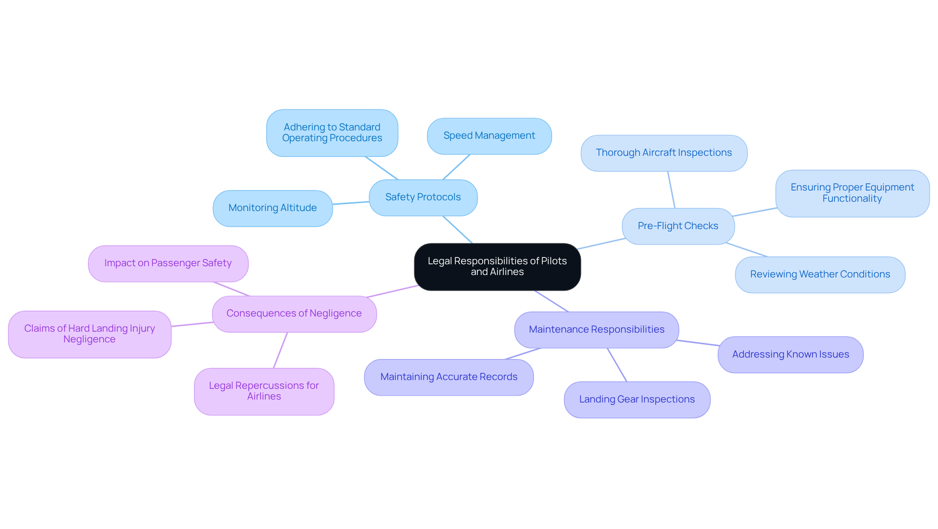 The center represents the overarching theme of legal responsibilities, while the branches show specific duties and their implications. Each color-coded branch helps you quickly identify different areas of responsibility.
