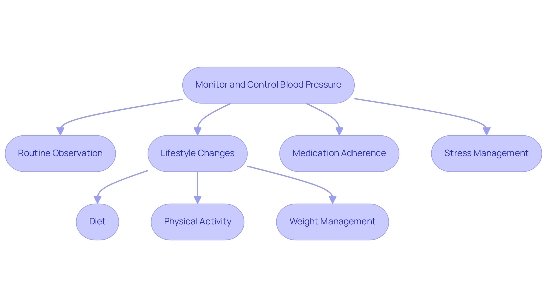 This flowchart guides you through the essential steps for managing your blood pressure. Start at the top with the main goal, then follow the arrows to see each action you can take. Each box represents a key area to focus on, and the sub-boxes under Lifestyle Changes provide specific actions you can implement.