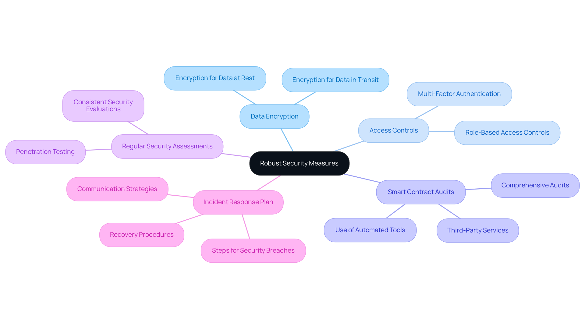 The center represents the main focus on security measures, with branches showing specific actions to take. Each color-coded branch helps you see how different strategies work together to protect your application.