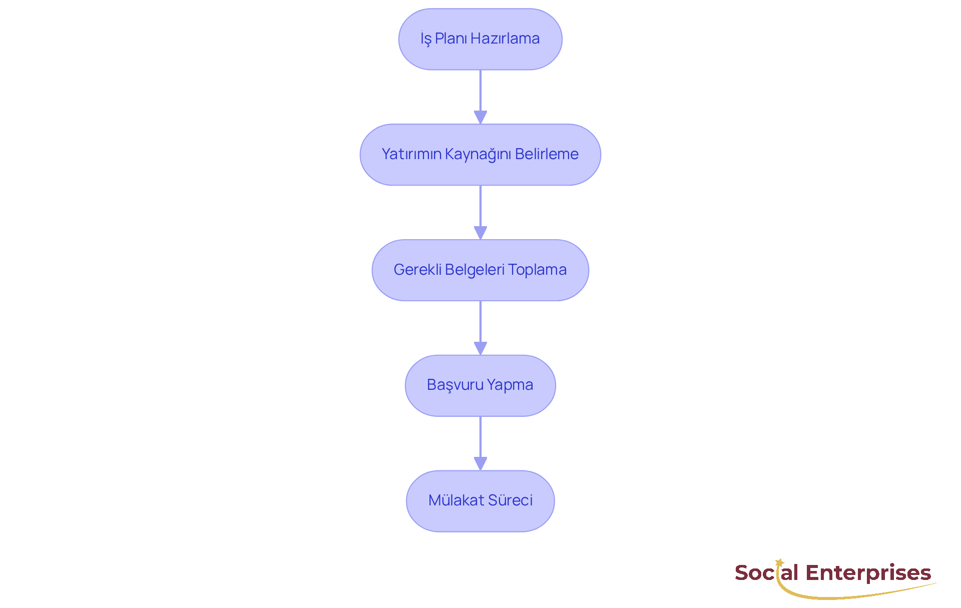Her kutu, vize başvuru sürecindeki bir aşamayı temsil ediyor. Oklar, aşamalar arasındaki geçişi gösteriyor — bu sayede sürecin nasıl ilerlediğini kolayca görebilirsiniz.