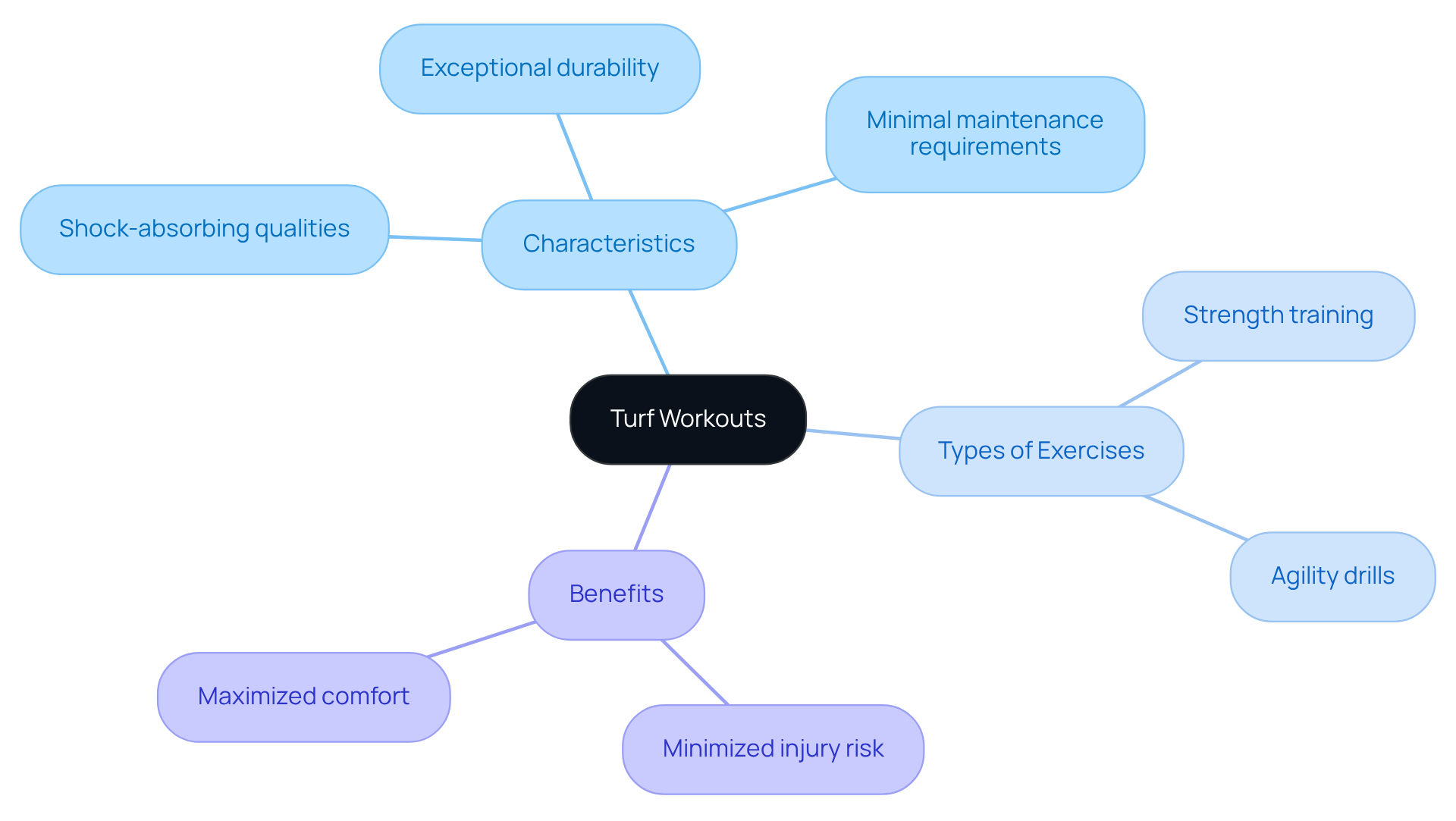 Start at the center with turf workouts, then explore the branches to learn about their features, the exercises you can do, and the benefits they offer.