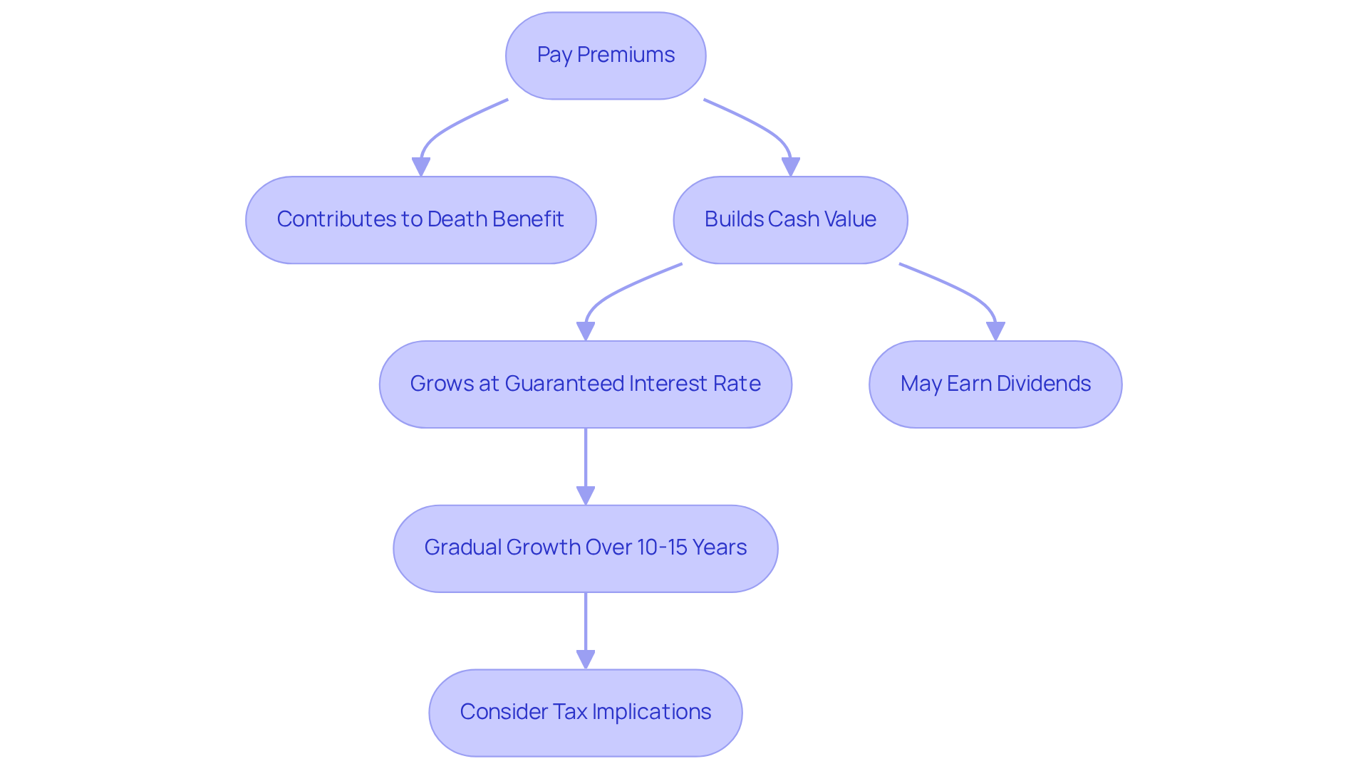 Follow the arrows to see how your premium payments contribute to both the death benefit and the cash value. Each step shows how the cash value grows over time and what to consider along the way.