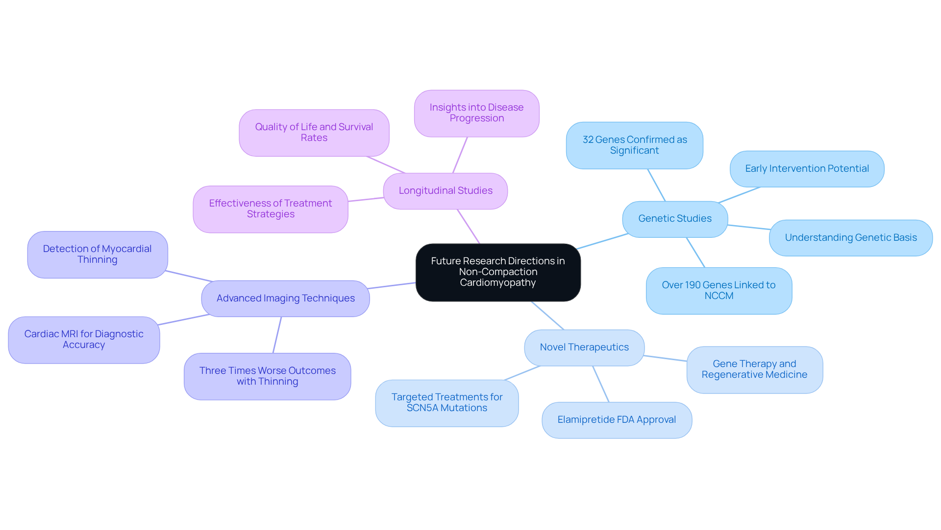 The central node represents the overall focus on future research. Each branch highlights a specific area of research, with further details provided in sub-branches. This layout helps illustrate how different research efforts aim to improve patient care and outcomes. The central node represents the overall focus on future research. Each branch highlights a specific area of research, with further details provided in sub-branches. This layout helps illustrate how different research efforts aim to improve patient care and outcomes.