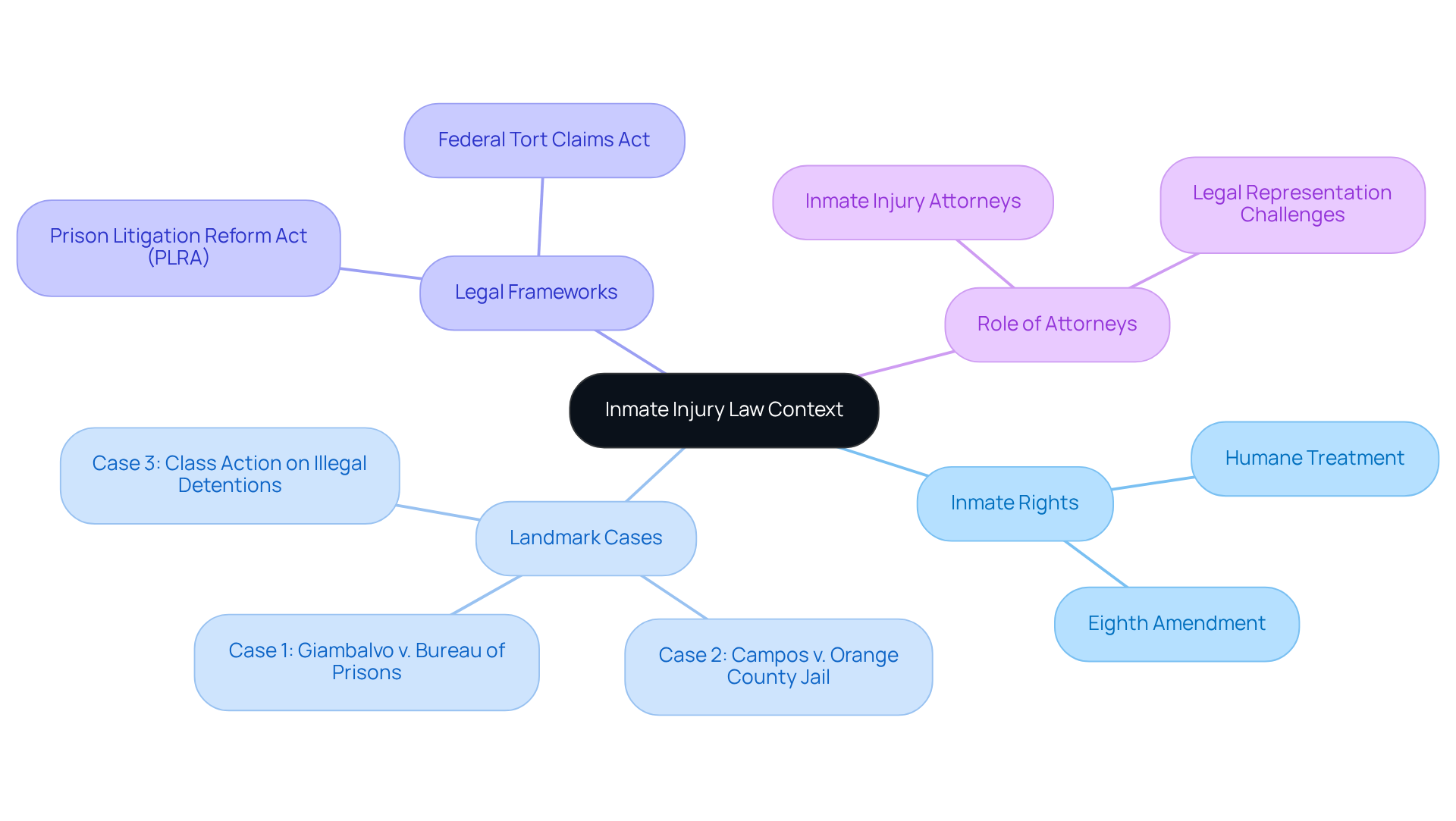 This mindmap starts with the central theme of inmate injury law and branches out to show the various aspects that influence it. Each branch represents a key area of focus, helping you understand how they connect to the rights and protections of inmates.