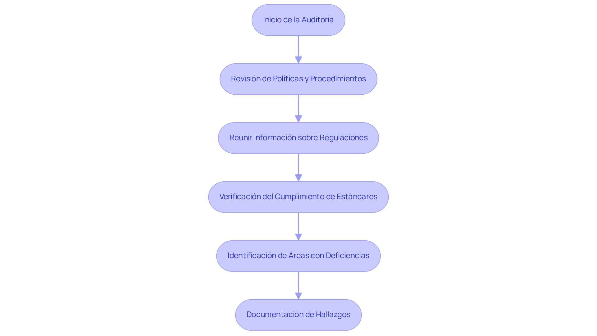 Cada paso del diagrama representa una fase en la auditoría. Sigue las flechas para ver cómo se progresa desde el inicio hasta la documentación de los hallazgos.
