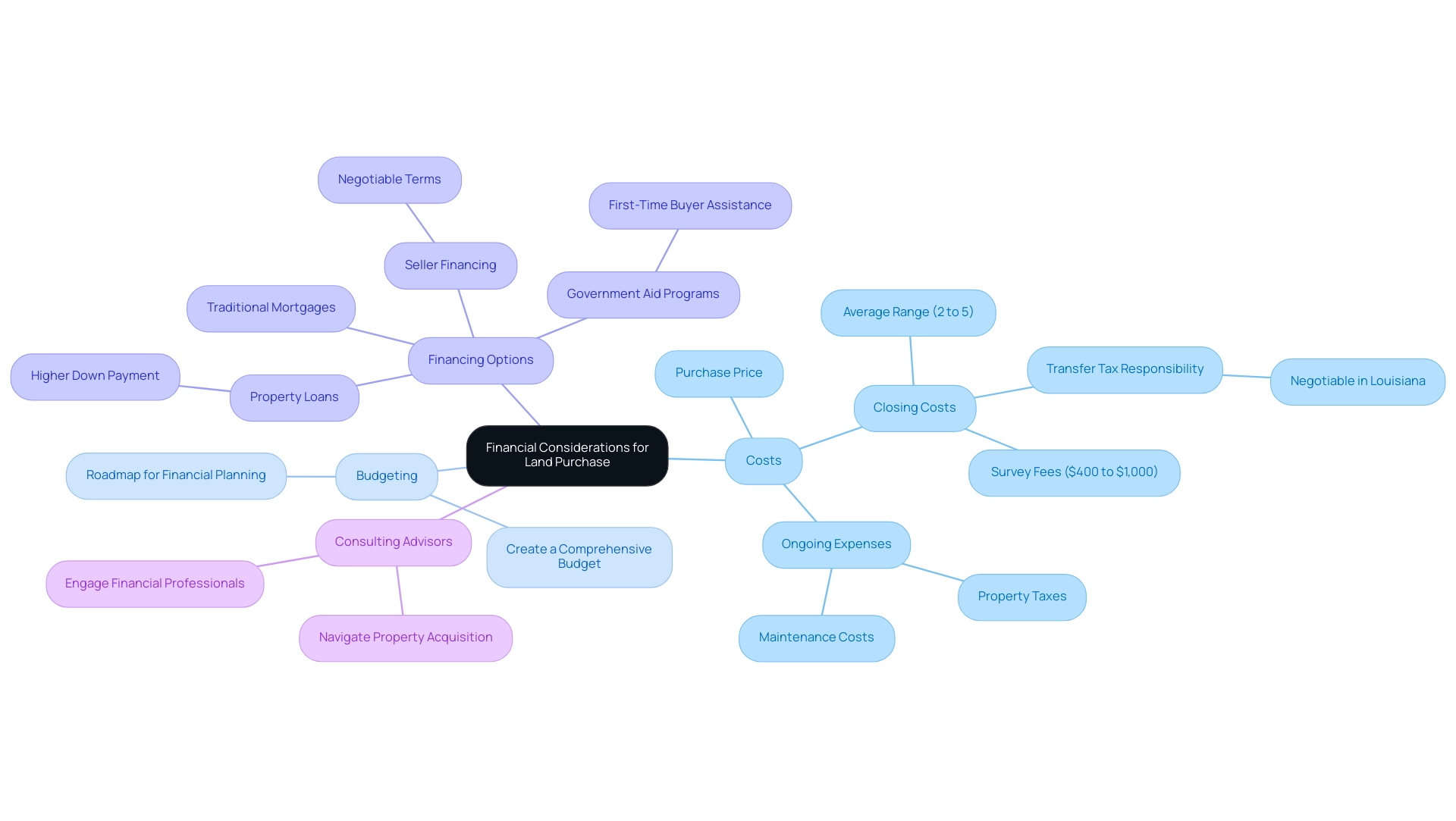 The central node represents the overall theme, with branches denoting major topics (Costs, Budgeting, Financing Options, Consulting Advisors) and their respective subcategories.