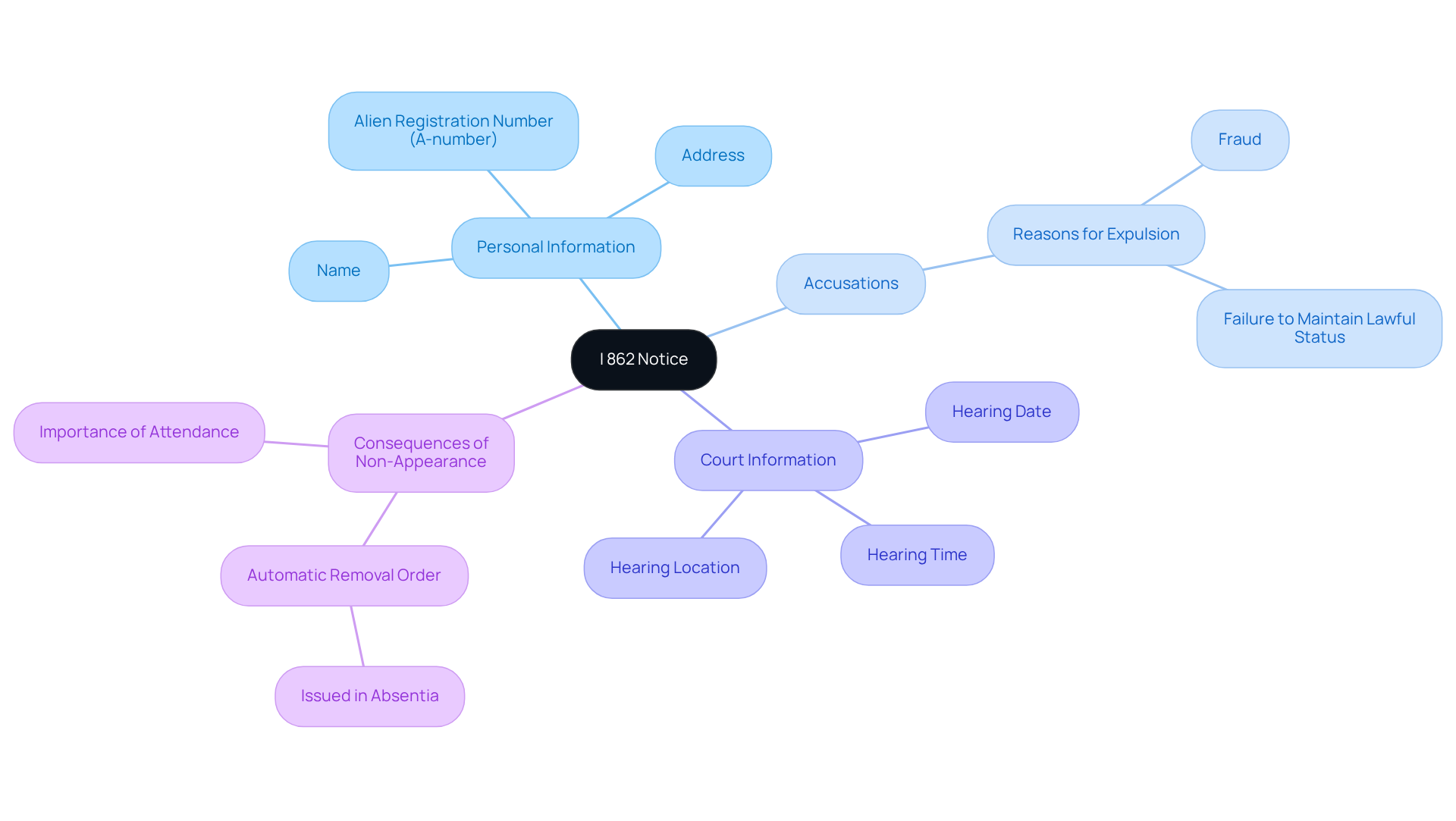 The center represents the I 862 notice, and each branch shows a key component. Follow the branches to understand what each part means and how it relates to your immigration proceedings.