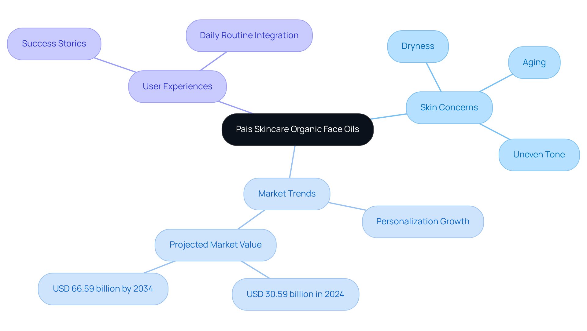 Start at the center with Pais Skincare's offerings, then explore the branches to see how they address specific skin concerns, market trends, and real-life user experiences.