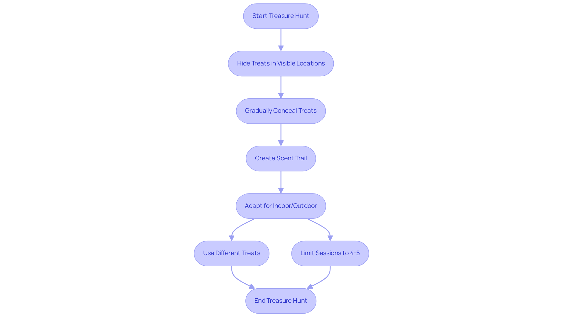 Follow the arrows to see how to set up and adapt the treasure hunt for your dog. Each step shows what to do next, and the variations help keep the game exciting and beneficial for your pet.