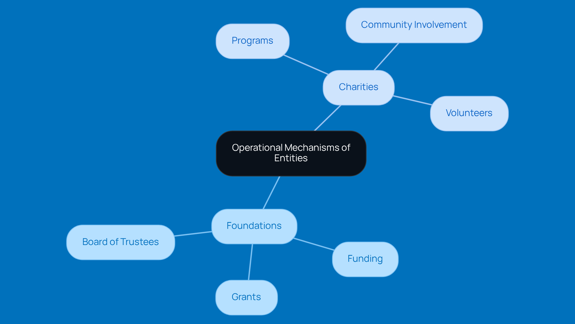 The central node represents the main topic, while the branches show the differences in operations between foundations and charities. Each sub-branch provides specific details about how each entity functions. The central node represents the main topic, while the branches show the differences in operations between foundations and charities. Each sub-branch provides specific details about how each entity functions.