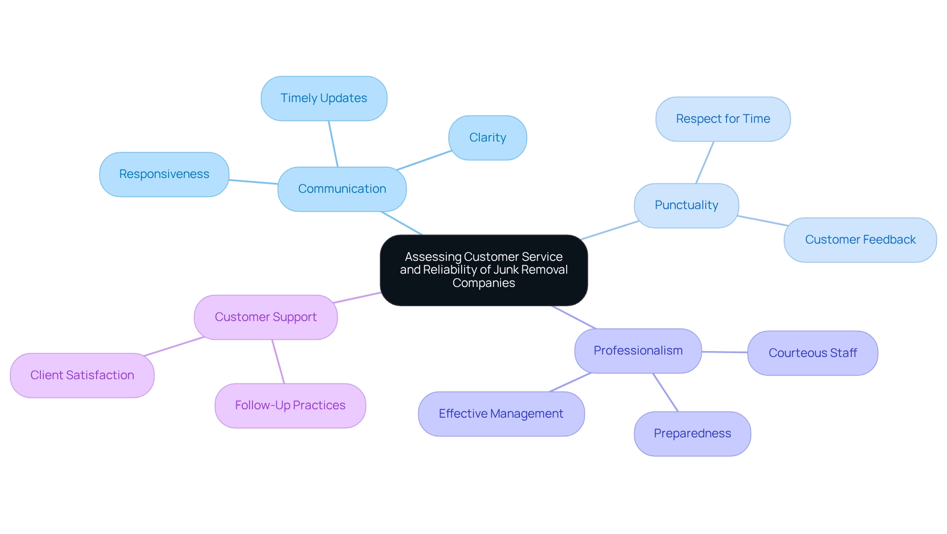 The central node represents the overall assessment criteria, with branches focusing on key aspects of customer service and reliability.