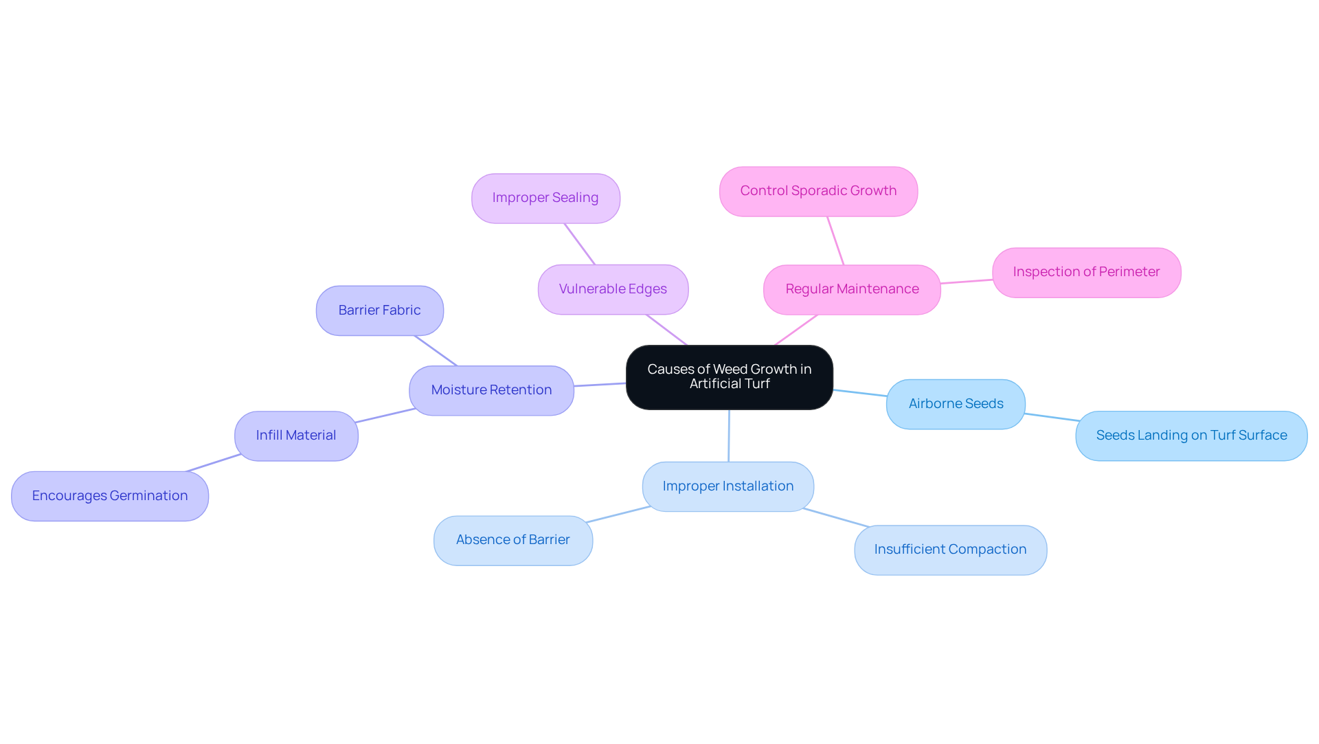 The central node represents the main topic, while the branches show different factors contributing to weed growth. Each sub-point provides additional details about how these factors influence the issue.