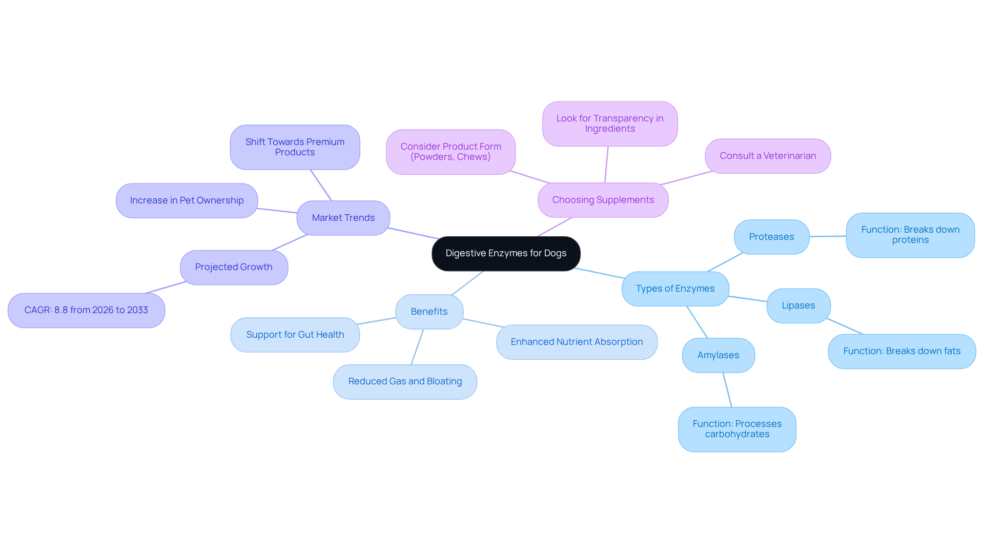The central node represents the main topic of digestive enzymes. Each branch shows a different aspect of the topic, helping you understand how enzymes work, their benefits, and what to consider when choosing supplements for your dog.