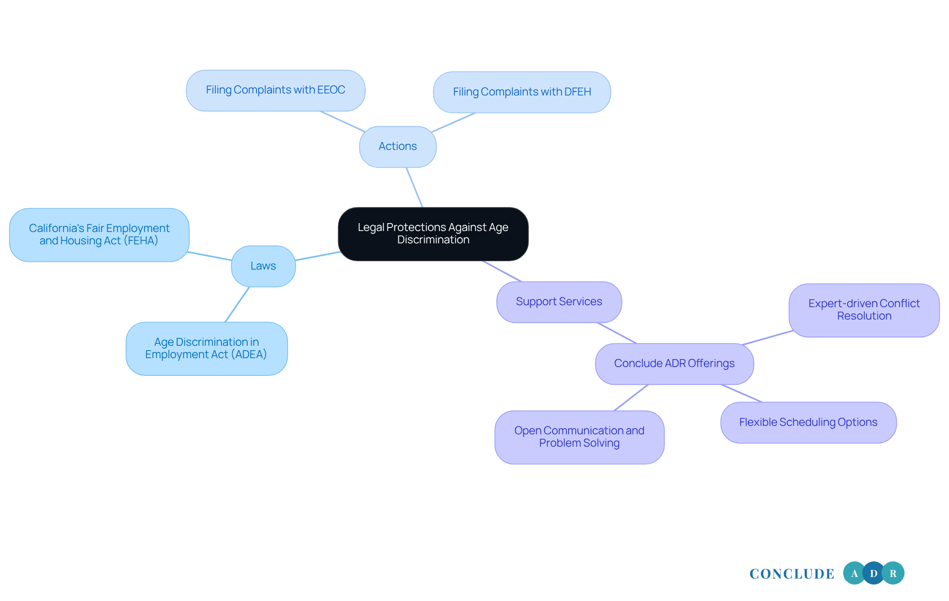 The center represents the main topic of legal protections. Branches show specific laws and actions you can take if you face discrimination, along with support services available to help you.